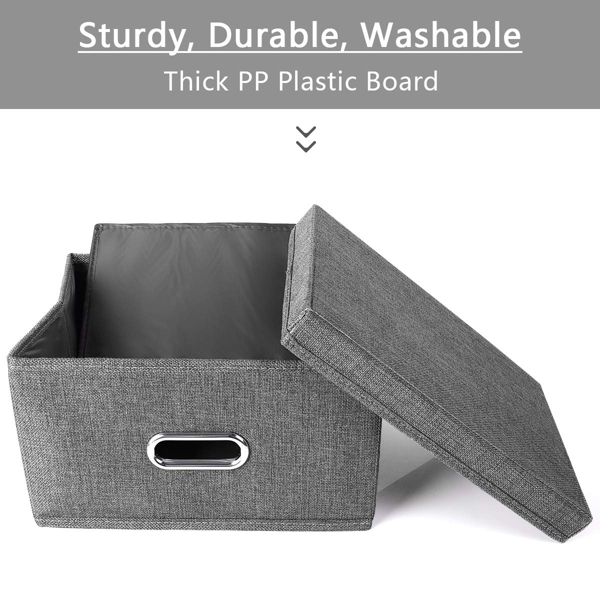 ANMINY 3 PCS Storage Boxes with Handles Removable Lids PP Plastic Board Foldable Lidded Cotton Linen Home Storage Cubes Bins Baskets Closet Clothes Toys Organizer Containers - Gray, Small Size