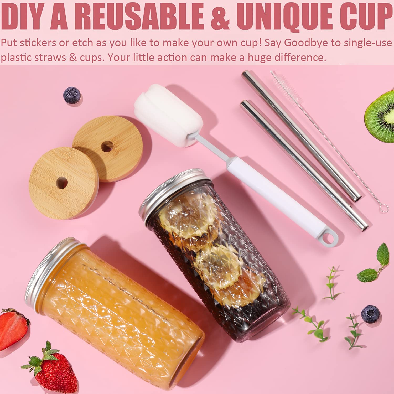 ASANMEYO 2 Pcs Glass Cups Set - 24oz Mason Jar Drinking Glasses with Bamboo Lids & Straws & 2 Airtight Lids, Cute Reusable Smoothie cup, Iced Coffee Glasses, Travel Tumbler for Bubble Tea, Juice