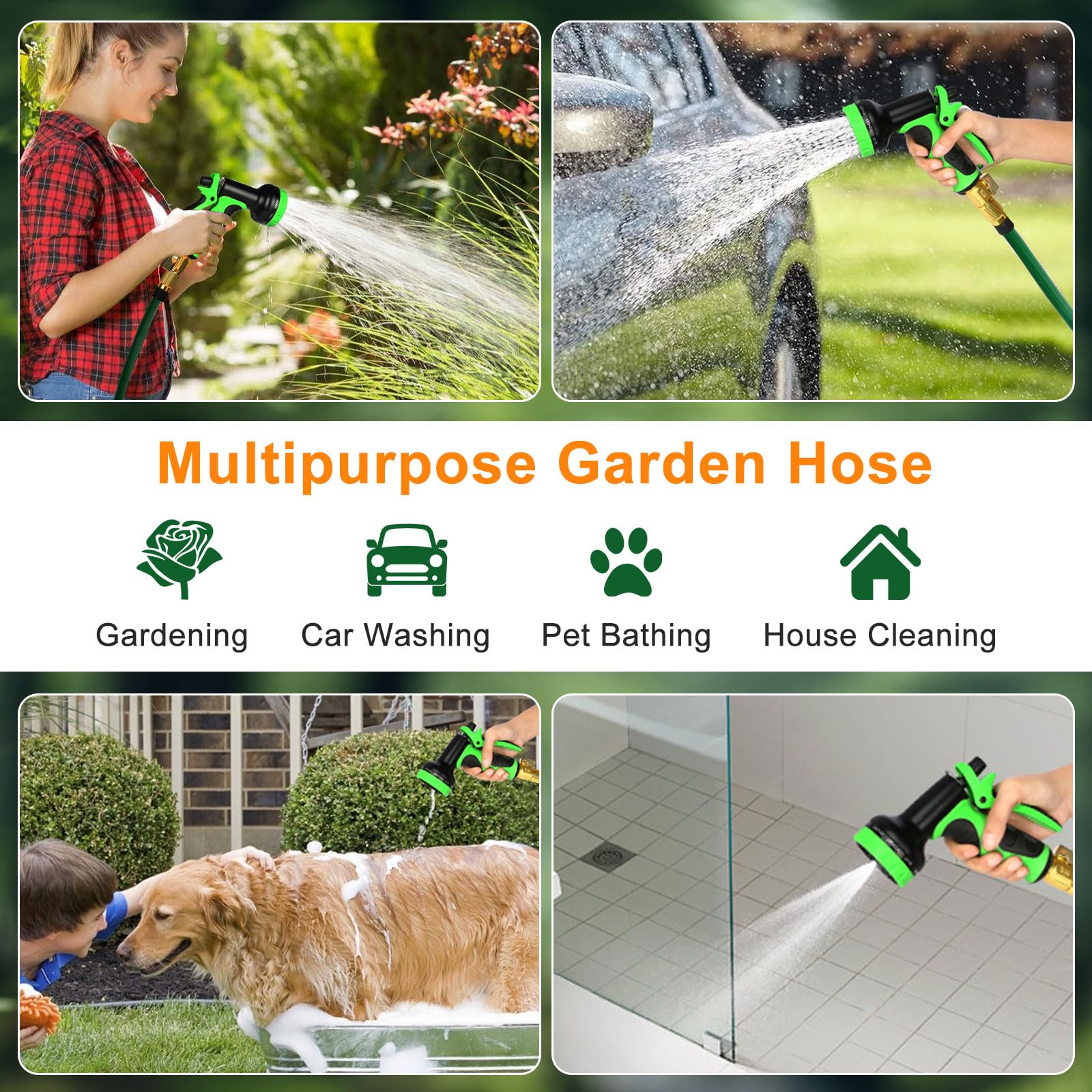 Ajokysho Garden Hose, 100ft Expandable Garden Hose with 10 Functions Spray Nozzle, Water Hose with 3/4"" Solid Brass Connector, Flexible and Leakproof Water Pipe for Car Washing, Green, SG-100FT
