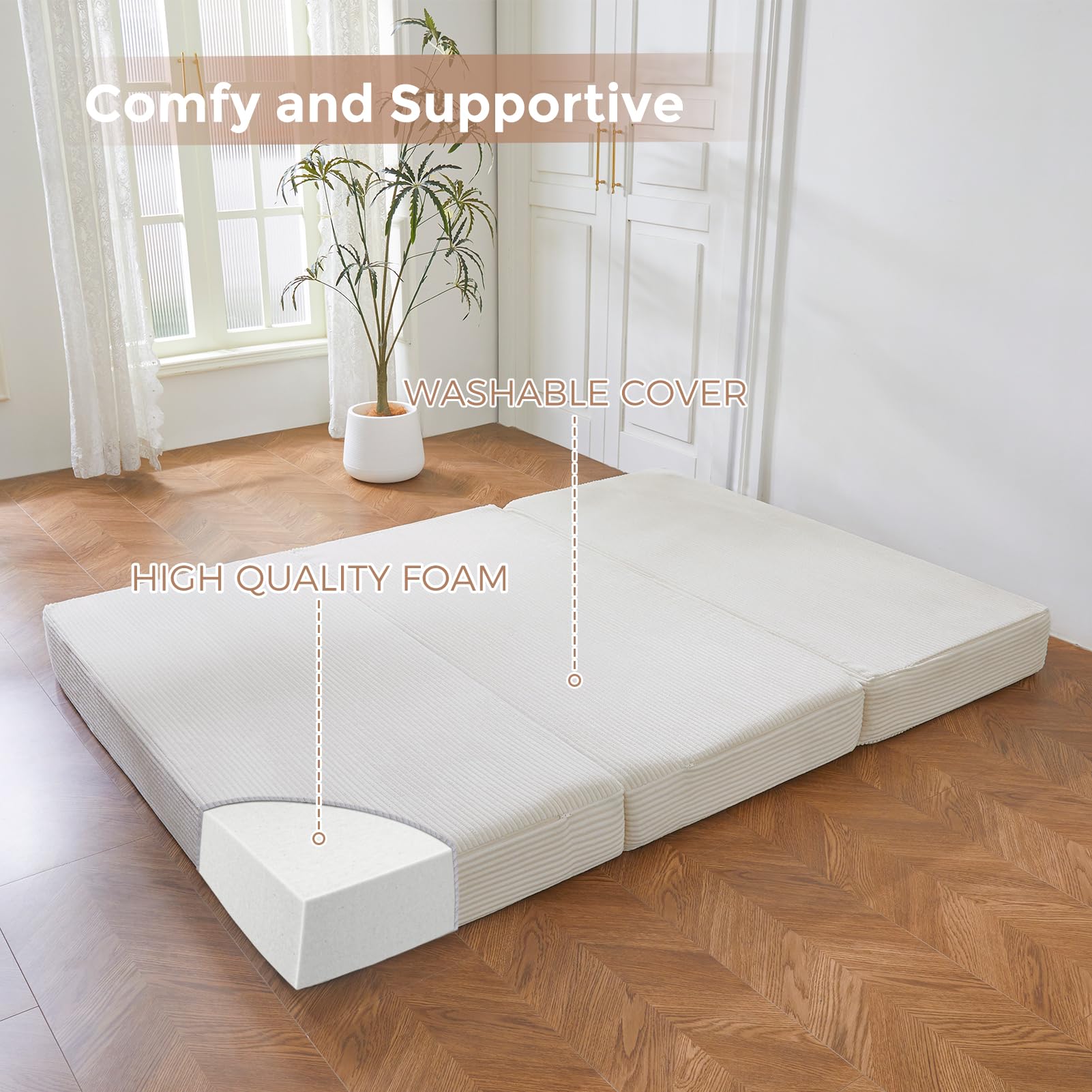BYBYME Tri-Folding Corduroy Mattress, 4 Inch Gel Folding Mattress Topper, Foldable Soft Guest Bed Camping Pad, Washable Cover (Black, Full)