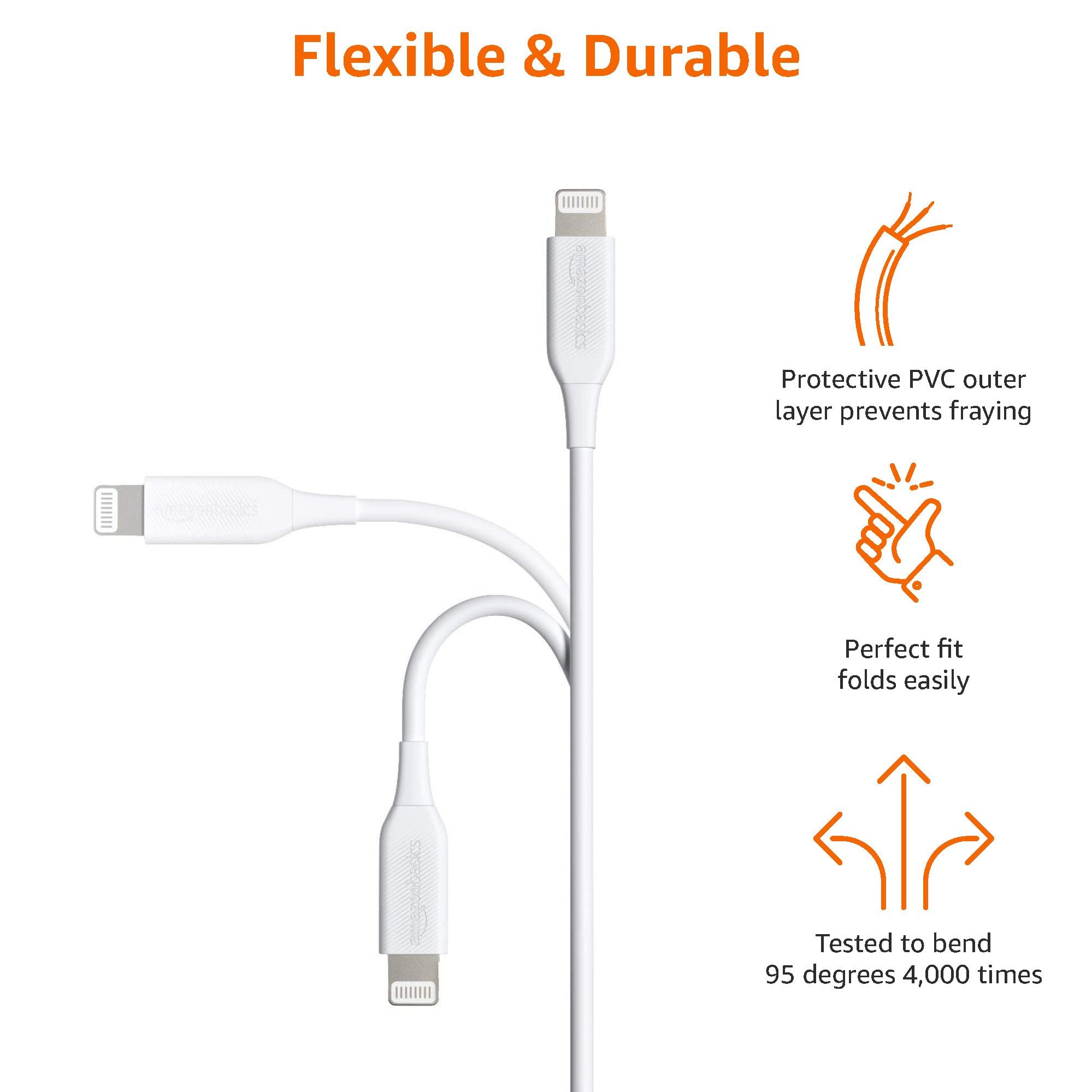 Amazon Basics USB-A to Lightning ABS Charger Cable, MFi Certified Charger for Apple iPhone 14 13 12 11 X Xs Pro, Pro Max, Plus, iPad, 3 Foot, White, (Pack of 2)