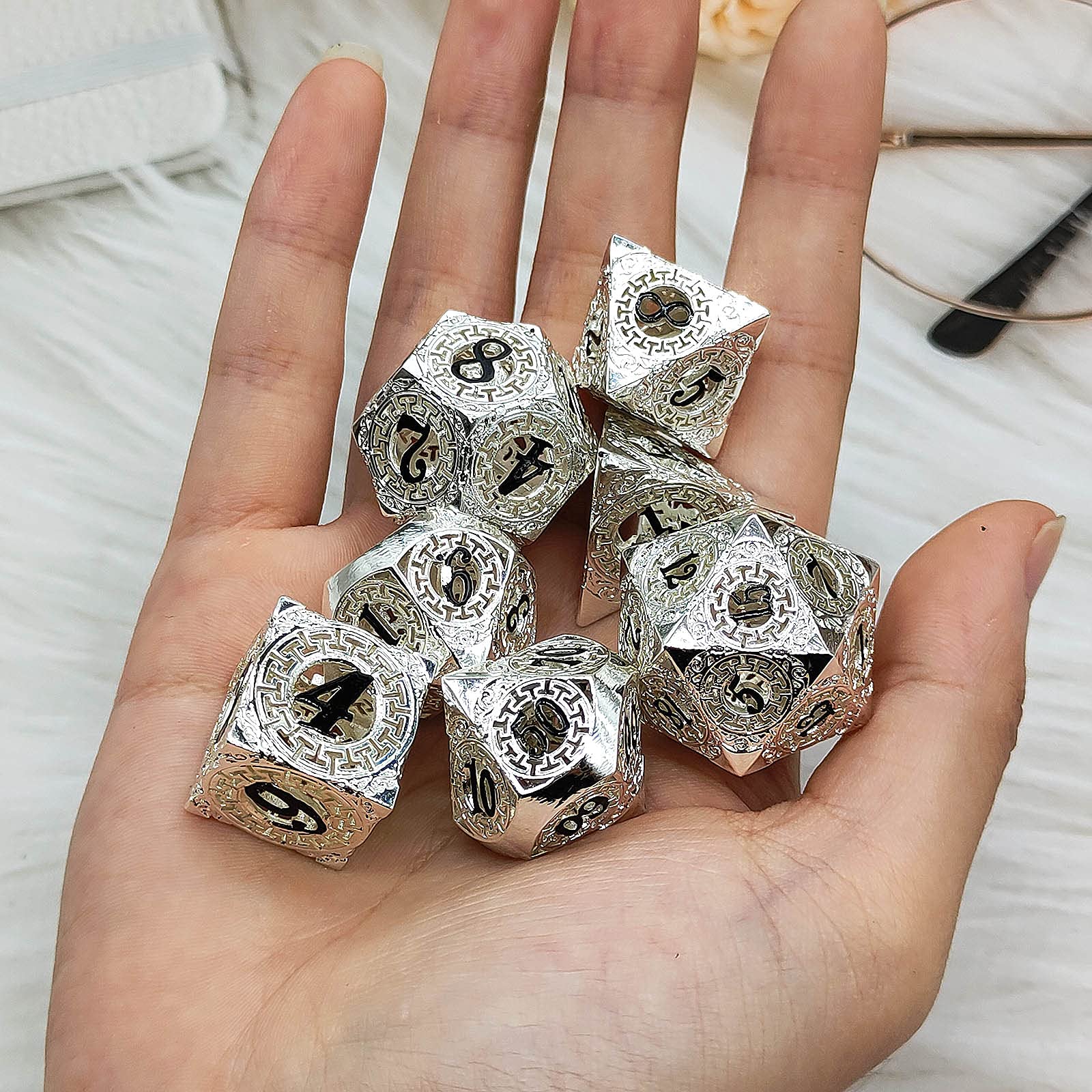 Metal Dice Set 7pcs DND - Table Game RPG Hollow Dice Silver and Black, with Metal Gift Box, Suitable for Dungeon and Dragon D&D MTG, Math Teaching, Polyhedron D4 D6 D8 D10 D10% D20