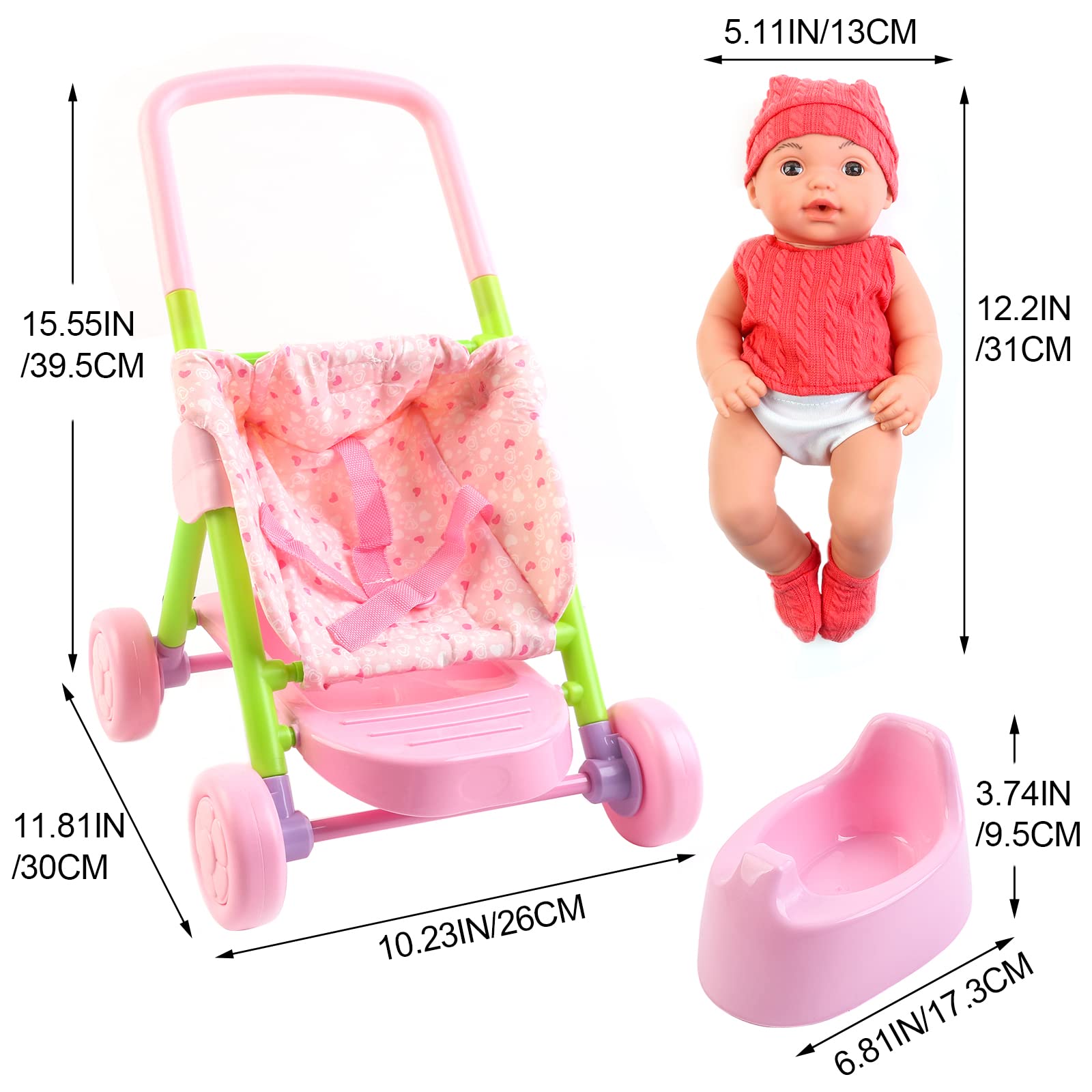 deAO Baby Doll Stroller Set Doll Playset with Smooth Rolling 11Pcs Baby Doll Feeding Accessories -12 Inch Baby Doll Set,Great Nurturing Pretend Toy for 3+ Girls…