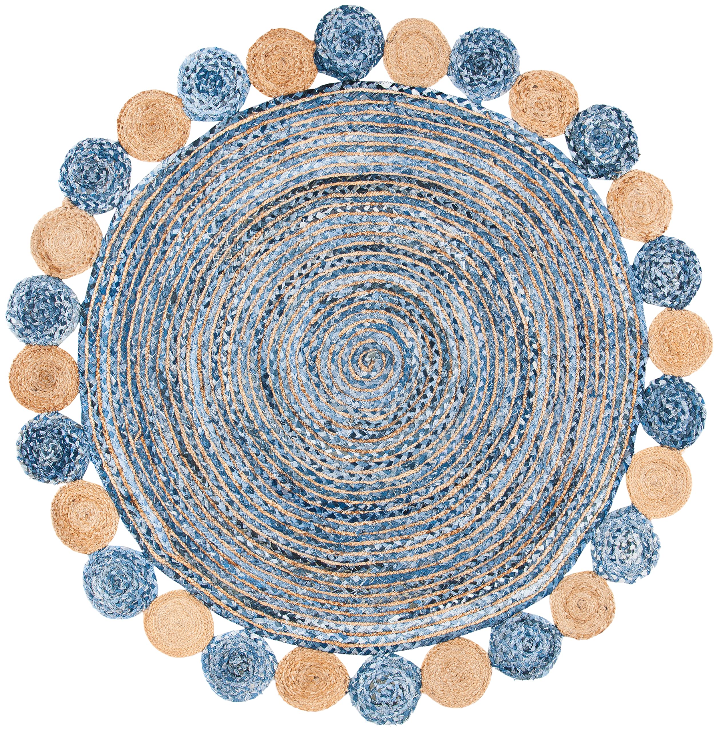 SAFAVIEH Cape Cod Collection 4' Round Blue/Beige CAP201C Handmade Boho Braided Jute & Cotton Entryway Foyer Living Room Bedroom Kitchen Area Rug