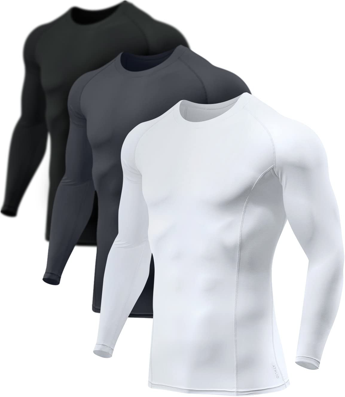 ATHLIO Men's UPF 50+ Long Sleeve Compression Shirts, Water Sports Rash Guard Base Layer, Athletic Workout Shirt, 3pack Black/Charcoal/White, Medium