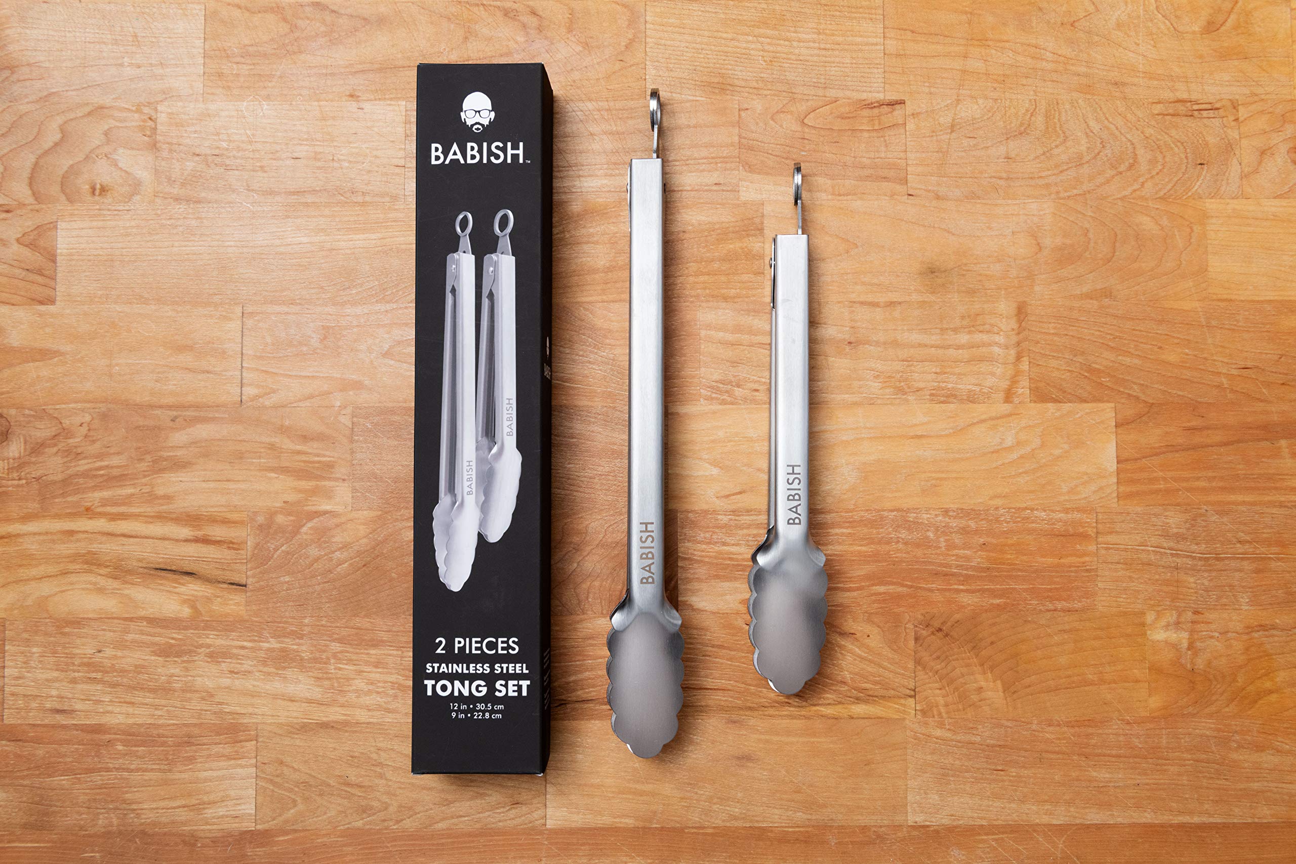 Babish German High-Carbon 1.4116 Steel Cutlery, 3-Piece w/Knife Roll & 12β & 9β Locking Kitchen Tong Set, Stainless Steel