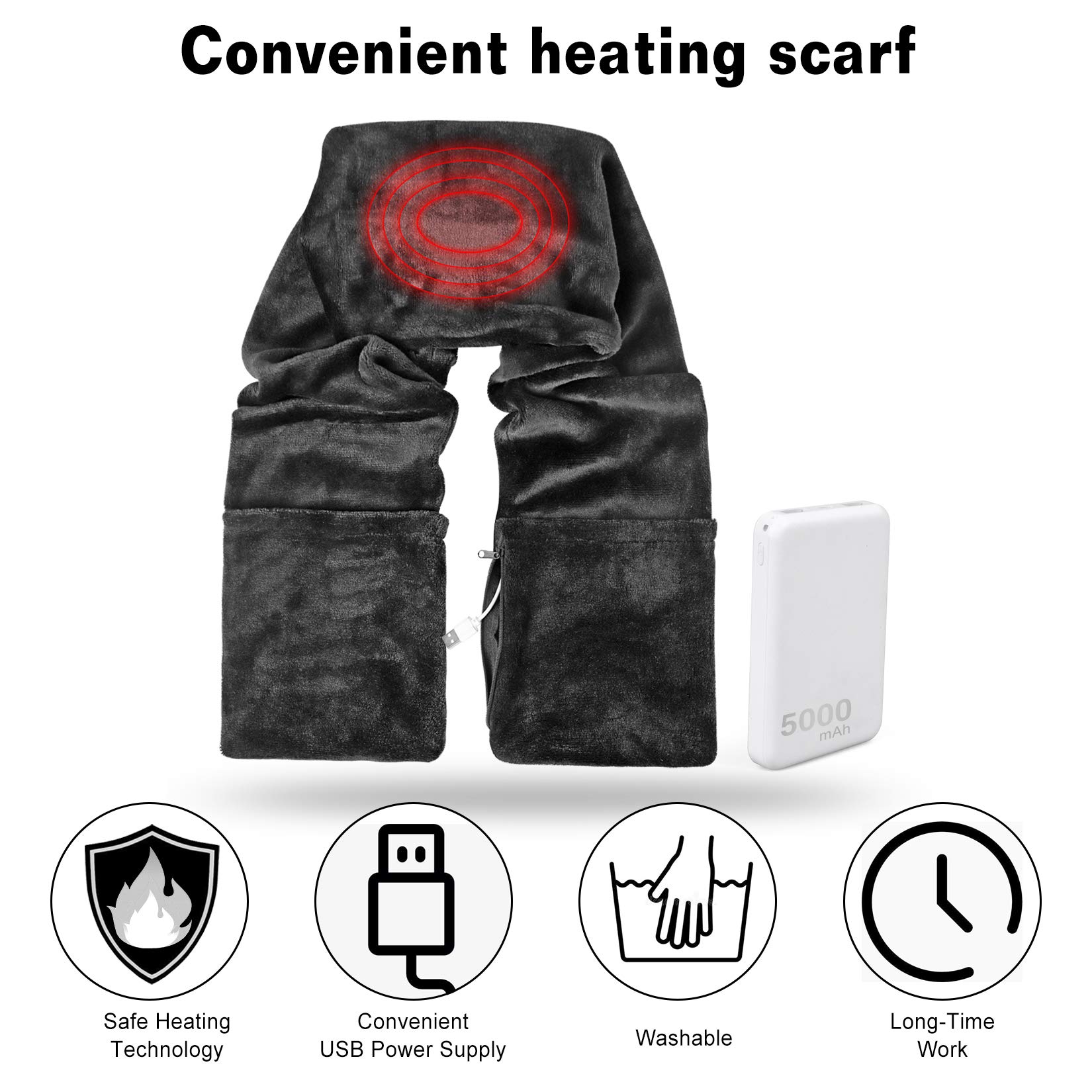 AK-SHIP Heated Scarf, USB Heated Shawl Electric Neck Warmer with Double Pockets Thermal Scarf Warming Mask and 5000mAh Power Bank [Black]