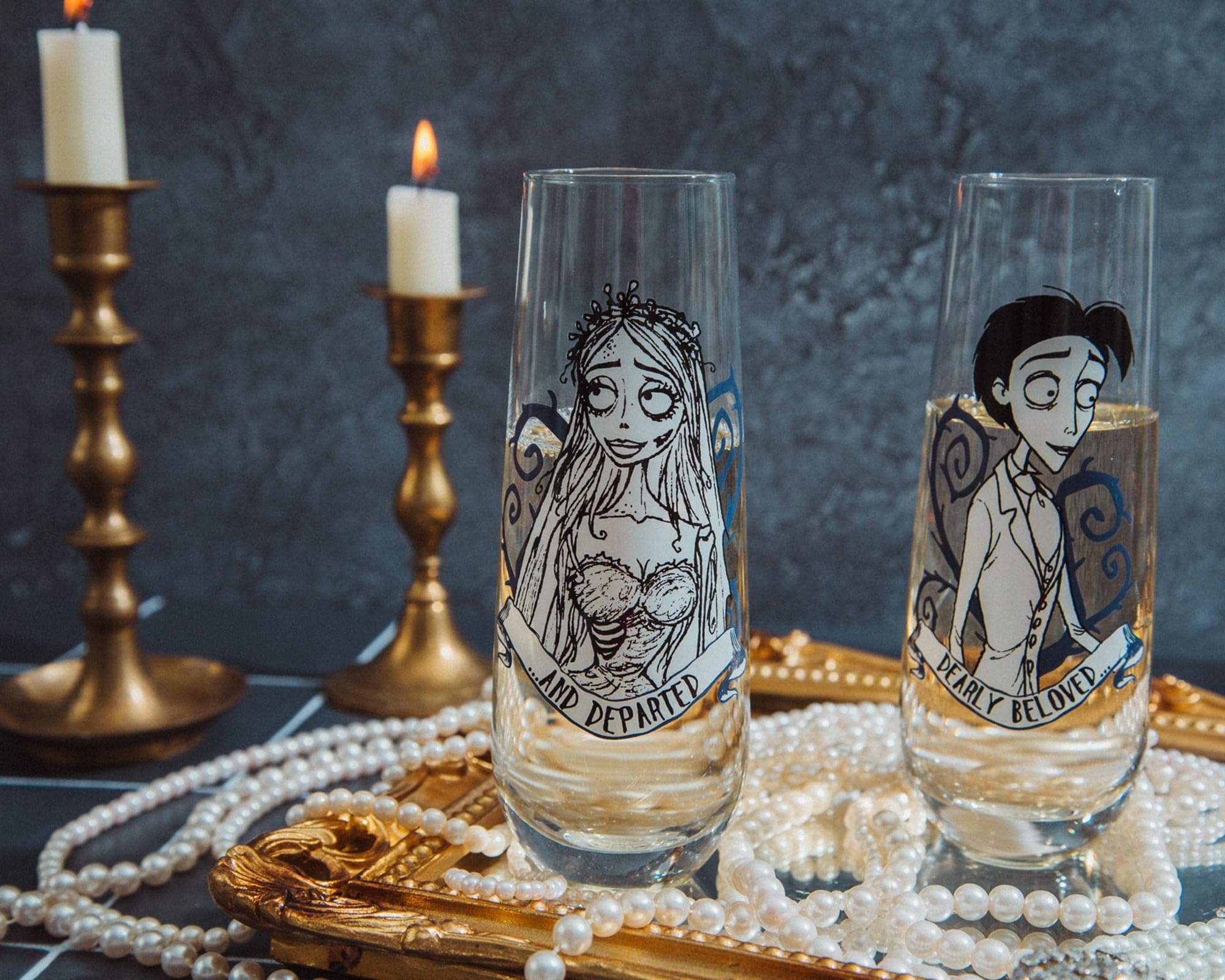 Silver Buffalo Tim Burton's Corpse Bride Dearly Beloved 9-Ounce Stemless Fluted Glassware, Set of 2 | Toasting Champagne Glass Cups For Wine, Mimosas, Cocktails
