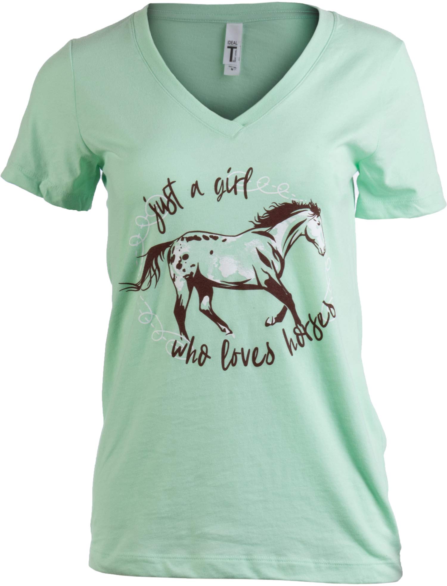 Ann Arbor T-shirt Co. Just a Girl who Loves Horses | Cute Girl Riding Rider V-Neck T-Shirt for Women-(Vneck,M) Mint
