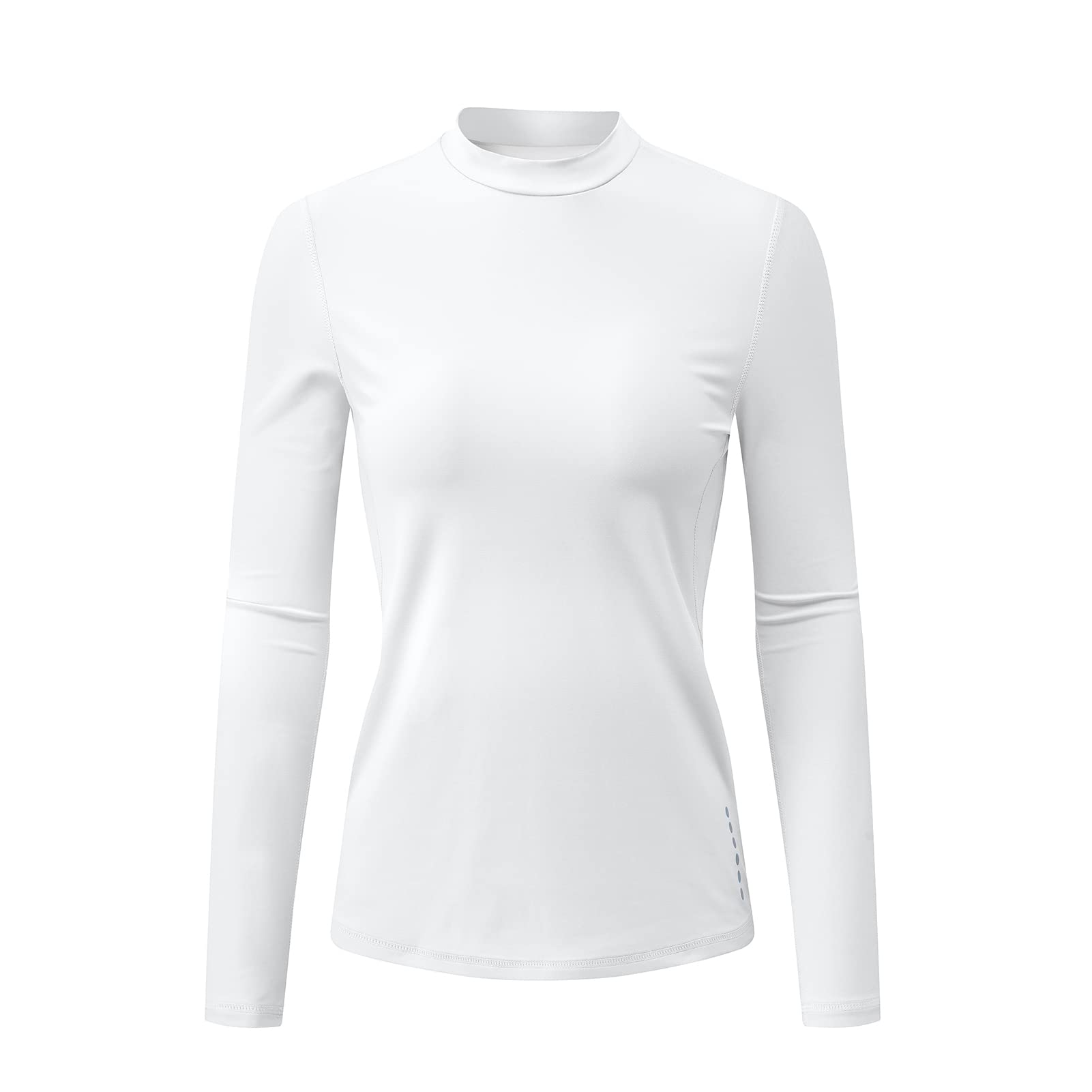 BASUDAM Women's Long Sleeve Workout Tops Compression Shirts Slim Fit Brushed Lining Stretch Mock Neck Athletic Running White L