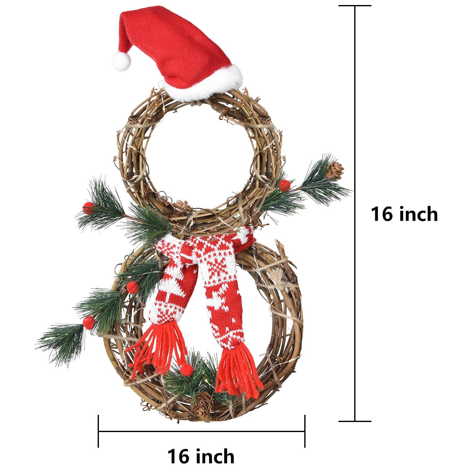 DearHouse Lighted Christmas Wreath Decoration Clearance, 16 x 8 Inch Grapevine Wreath with Hat and Scarf Snowman Shape Wreath for Front Door Home Garden Wall Decor
