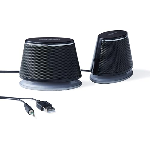 Amazon Basics USB Plug-n-Play Computer 4 Speakers for PC or Laptop, 4 Count (Pack of 2), Black with Blue LED Light