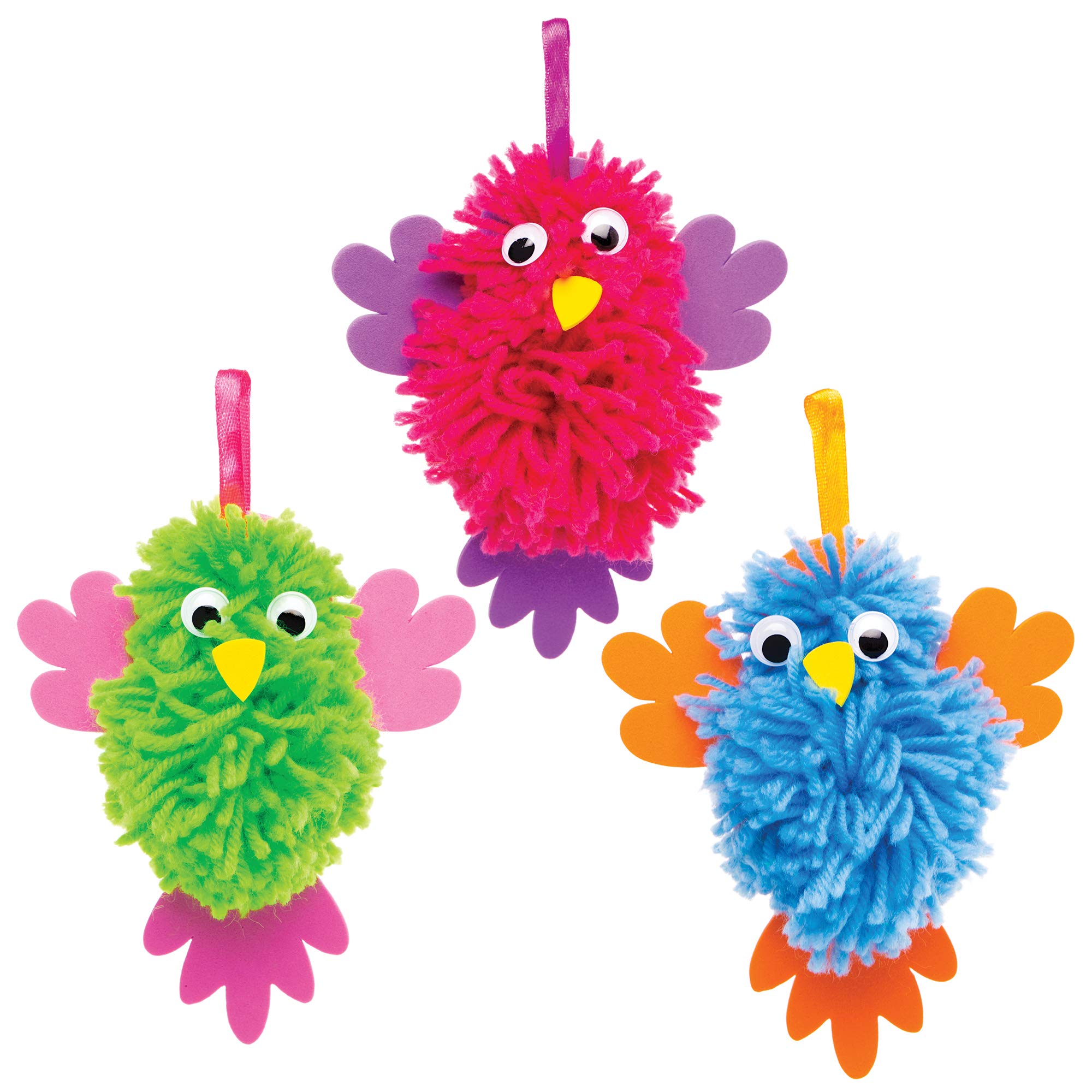 Baker Ross AT563 Bird Pom Pom Kits - Pack of 3, Creative Art and Craft Supplies for Kids to Make, Decorate and Display, Assorted