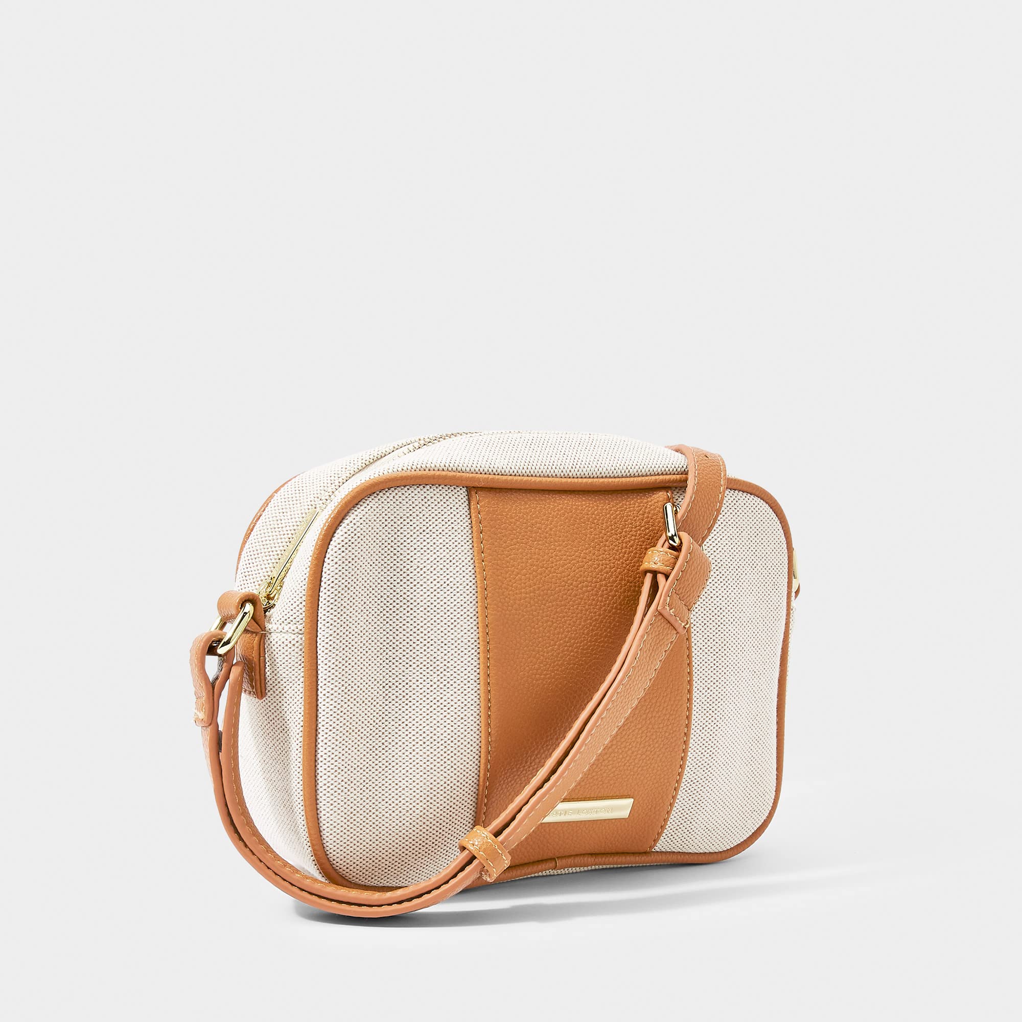 KATIE LOXTON Amalfi Womens Medium Canvas and Vegan Leather Adjustable Strap Crossbody Handbag Purse Cream and Brown