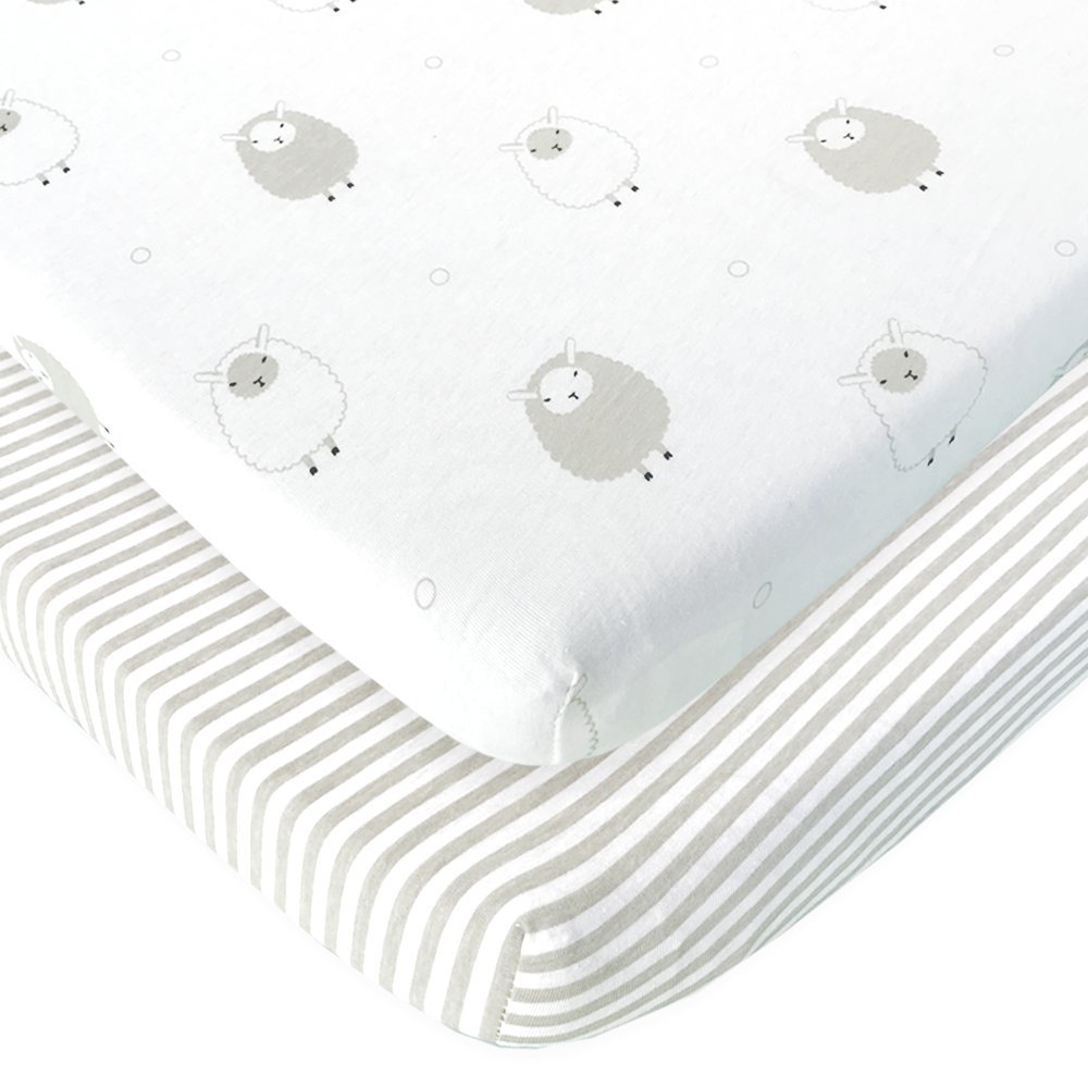 Bedside Sleeper Bassinet Sheets – Compatible with Milliard Side Sleeper – Fits 21 x 36 Mattress Without Bunching – Snuggly Soft Jersey Cotton – Grey Sheep, Stripe – 2 Pack