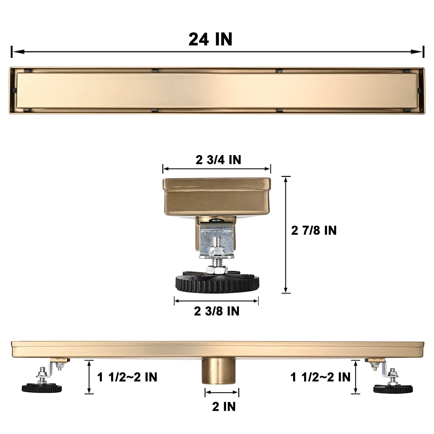 AVSIILE Linear Shower Floor Drain, Brushed Gold 24 Inch 304 Stainless Steel Bathroom Drains Kit, Rectangular Shower Trench Drain with Reversable Tile-in Pattern Drain Cover & Hair Catcher