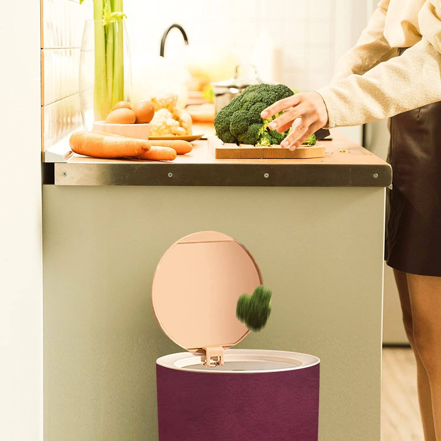 CAKOJV188 Round Trash Can with Press Lid Real Leather Color Burgundy Texture Made from Cow Skin Small Garbage Can Trash Bin Dog-Proof Trash Can Wooden Legs Waste Bin Wastebasket 7L/1.8 Gallon