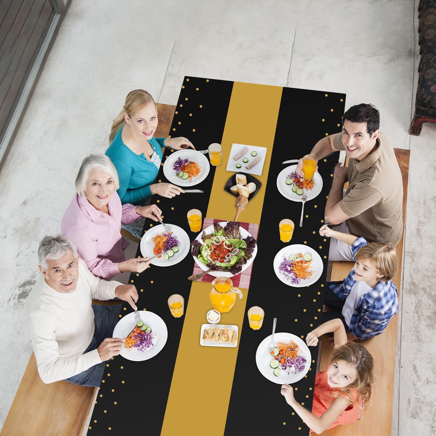 byojia 4 Pack 2in1 Disposable Plastic Tablecloths 54" x 108" Black and Gold Dot Kitchen Table Cloth Rectangle Table Cover for Wedding Birthday Baby Shower Anniversary Christmas Graduation
