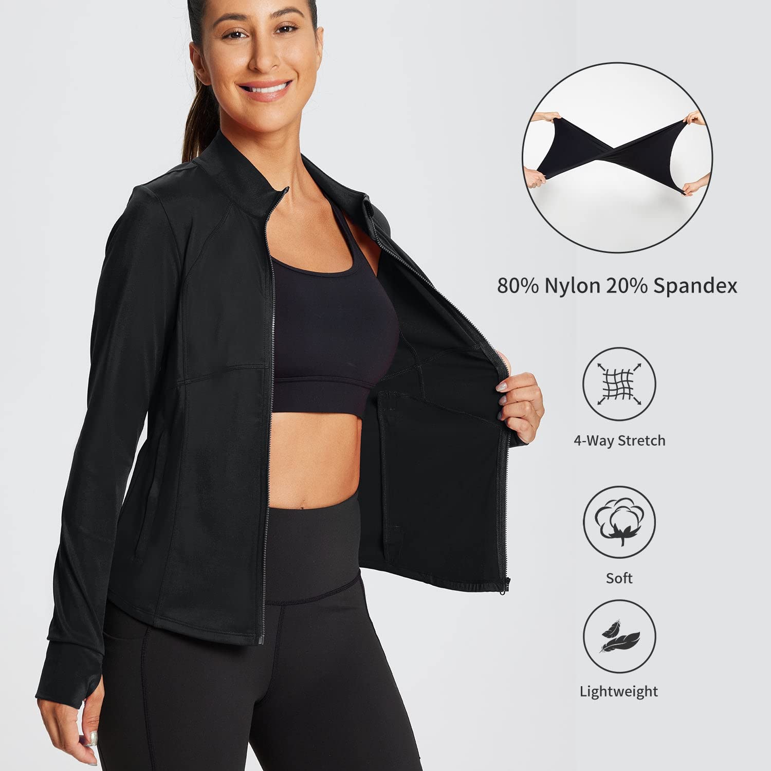 BALEAF Women's Running Jackets Full Zip Slim Fit Quick Dry Athletic Workout Track Lightweight Thumb Holes Pockets Black L