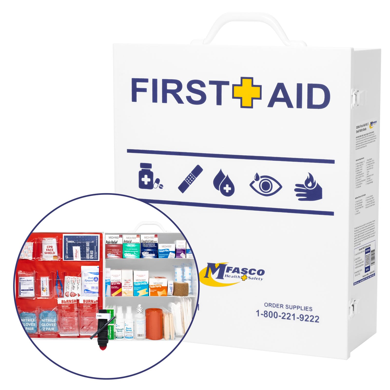 MFASCO 2021 ANSI/OSHA Compliant First Aid Kit - Large, Commercial 3-Shelf Metal Cabinet for Businesses, Wall Mountable - with Medications - ANSI Standard 2021 First Aid Kits, Class B Fill