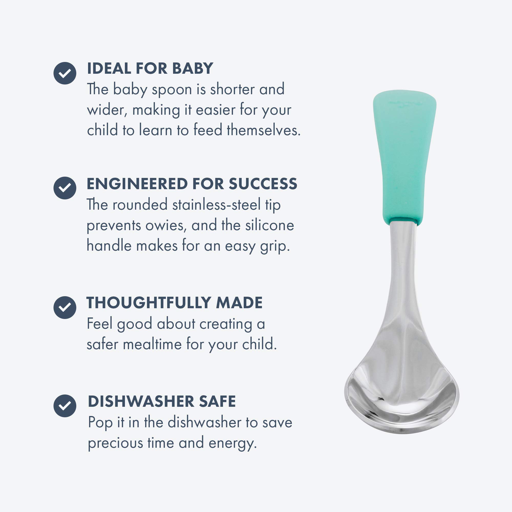 Avanchy Baby Spoons and Forks Stainless Steel and Silicone Set, Self Feeding Food Utensils, 4 Months Baby Led Weaning, 2 Pack, Green Spoon, Fork