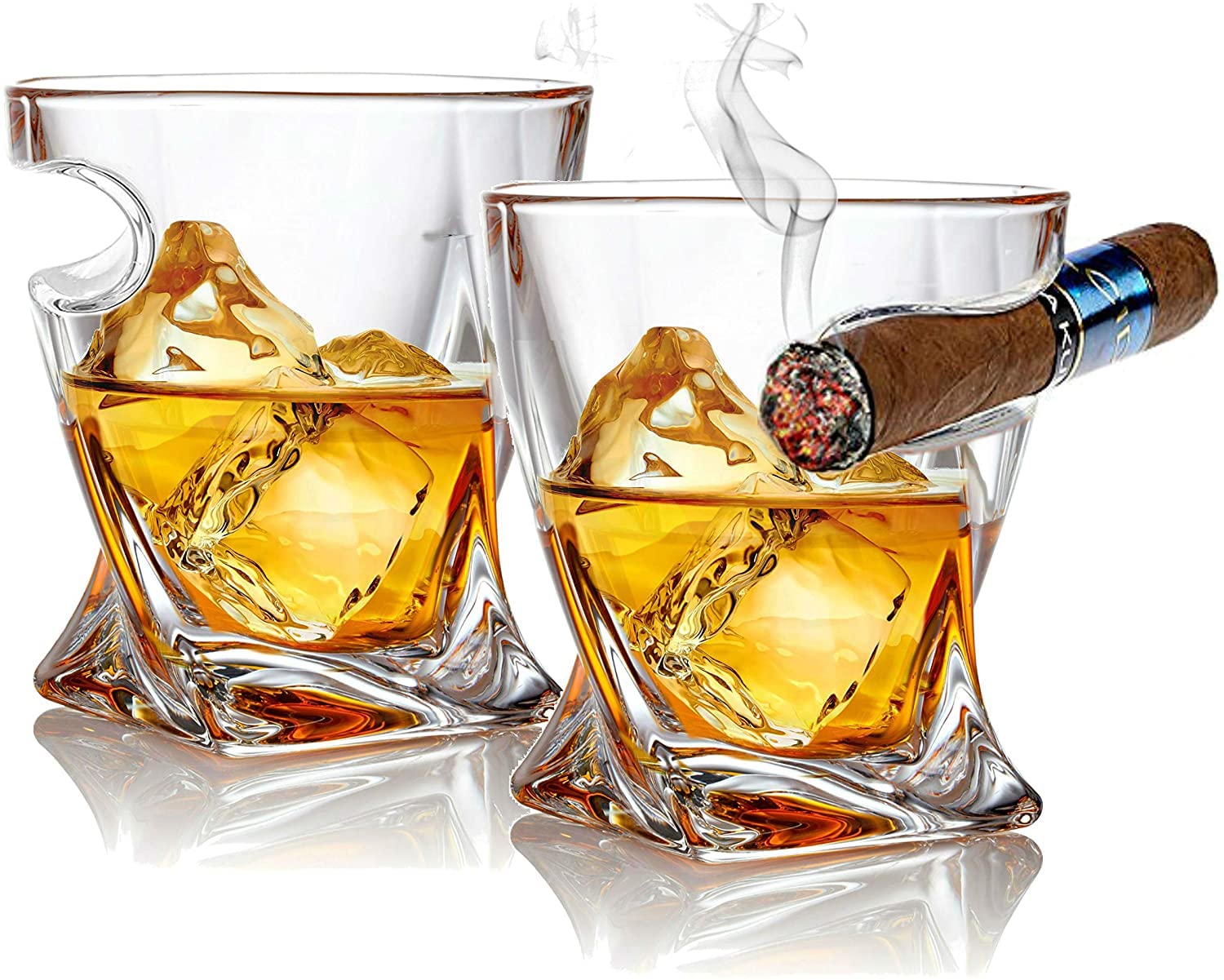 Bezrat Old Fashioned Cigar Whiskey Glasses With Side Mounted Cigar Rest Gift Set + Whisky Chilling Stones and accessories on Wooden Tray - Scotch Bourbon Glasses β Christmas Holiday Gift