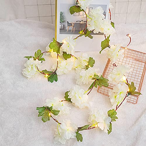 Mhuan 2.2m 25 Lights Simulation White Cherry Blossom Wisteria Flower Rattan String Light Artificial Flower Decorative Atmospheres String Lights for Home Garden Festival Wedding Party Decor