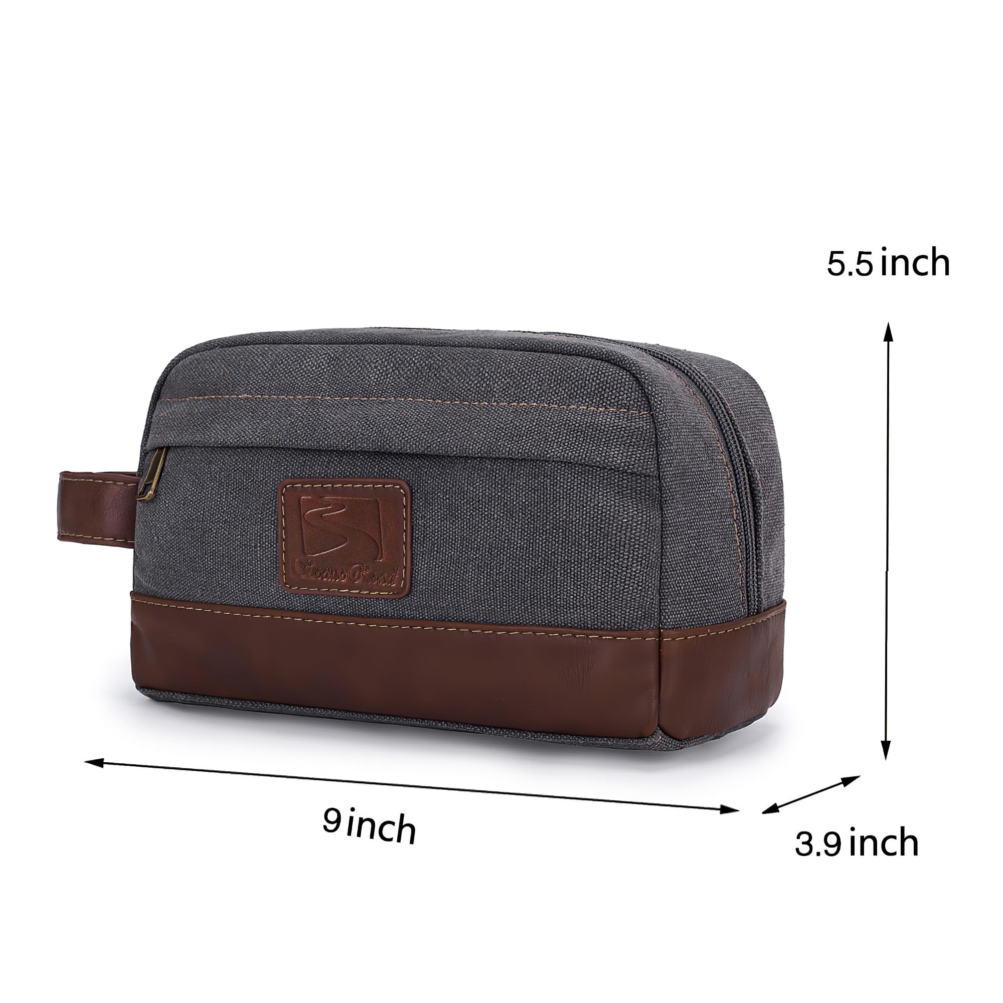 seemeroad Travel Toiletry Bag for Men and Women, Canvas Toiletry Organizer Water-Resistant Vegan Leather, Hanging Dopp Kit Shaving Bag for Toiletries Accessories (Gray, Medium)