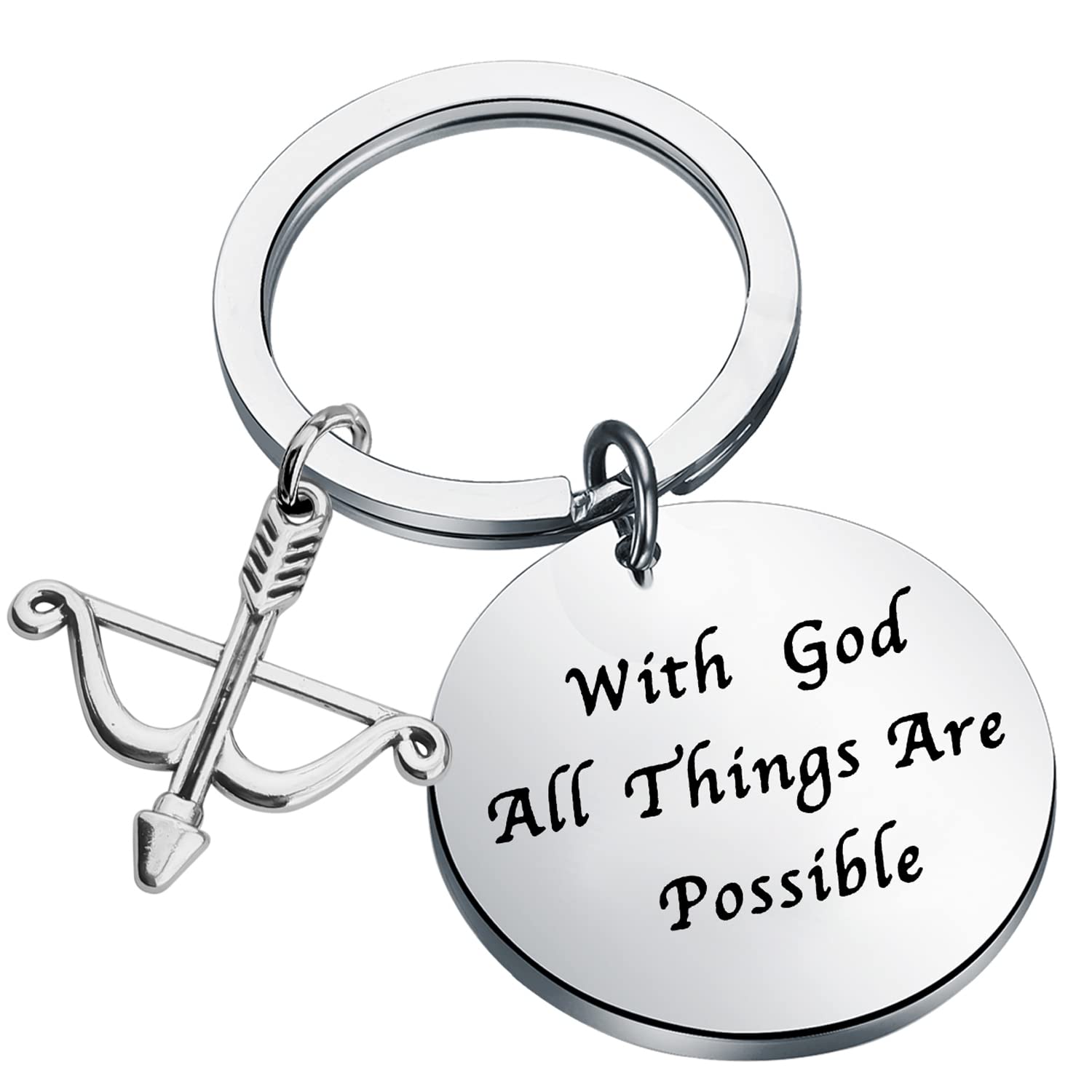 BEKECH Archery Sport Player Gift With God All Things Are Possible Arrow Bowhunting Charm Keychain for Archery Team Archery Lover Hunting Lover (silver)