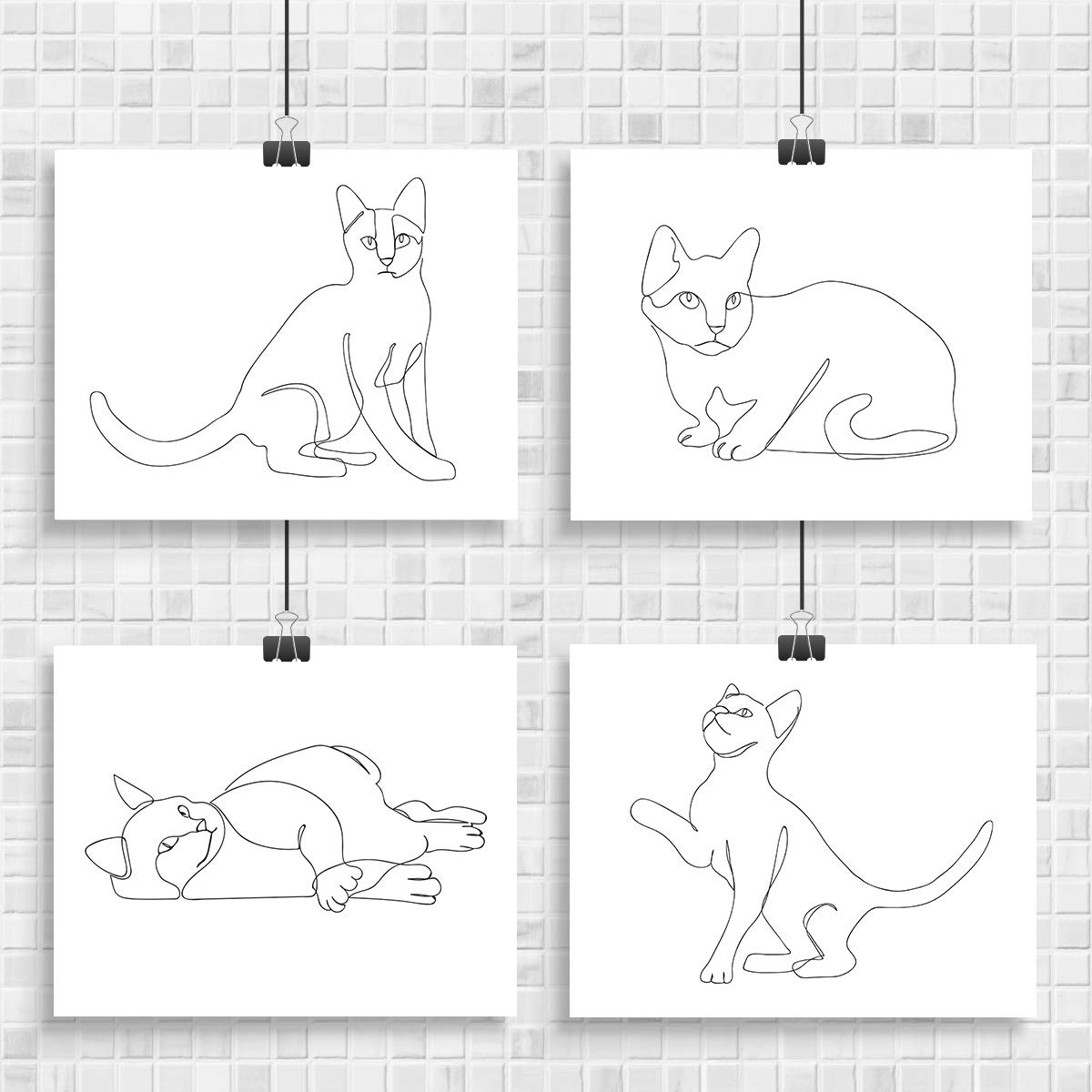 Cats Wall Art - Set of 4-8”x10” Unframed Minimalist Black & White Decor Prints - Makes a Great Gift Under $20 for Cat Lovers