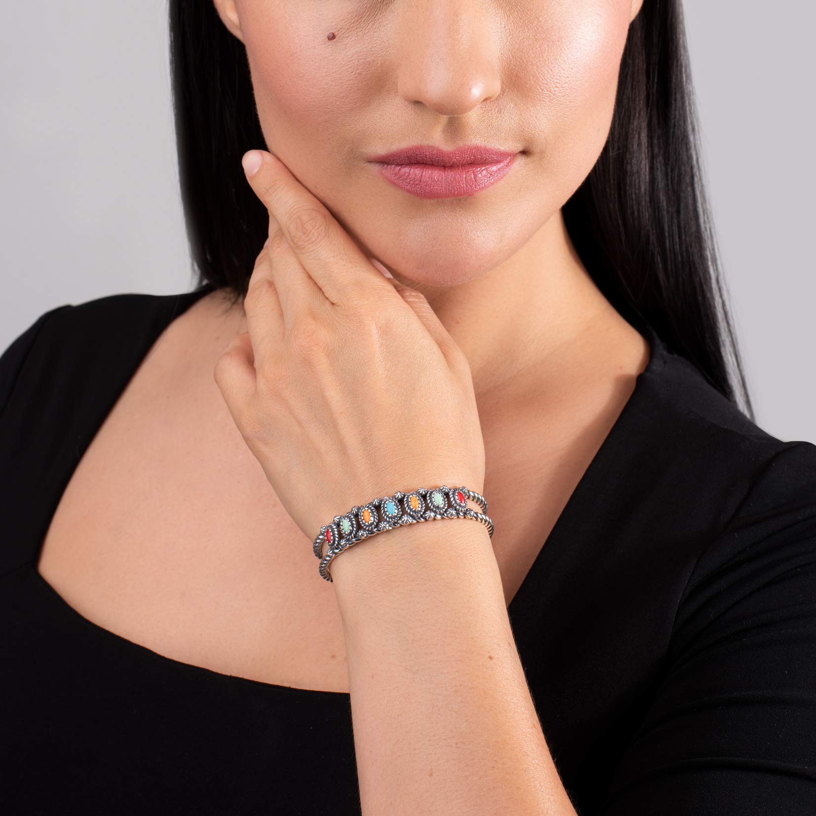 American West Sterling Silver Multicolor Gemstone Rope Cuff Bracelet Size Small