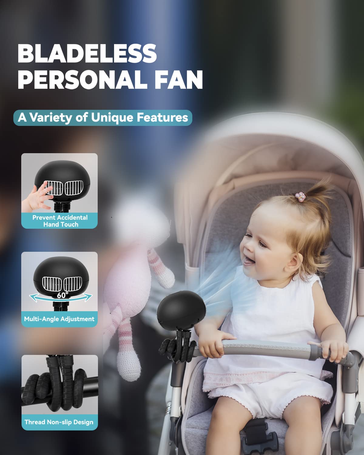 Kaylocheer USB Rechargeable Baby Stroller Fan with Strong Wind, 360-degree Rotation, Quiet Operation, Octopus Design, 3 Wind Speeds, Portable for Travel