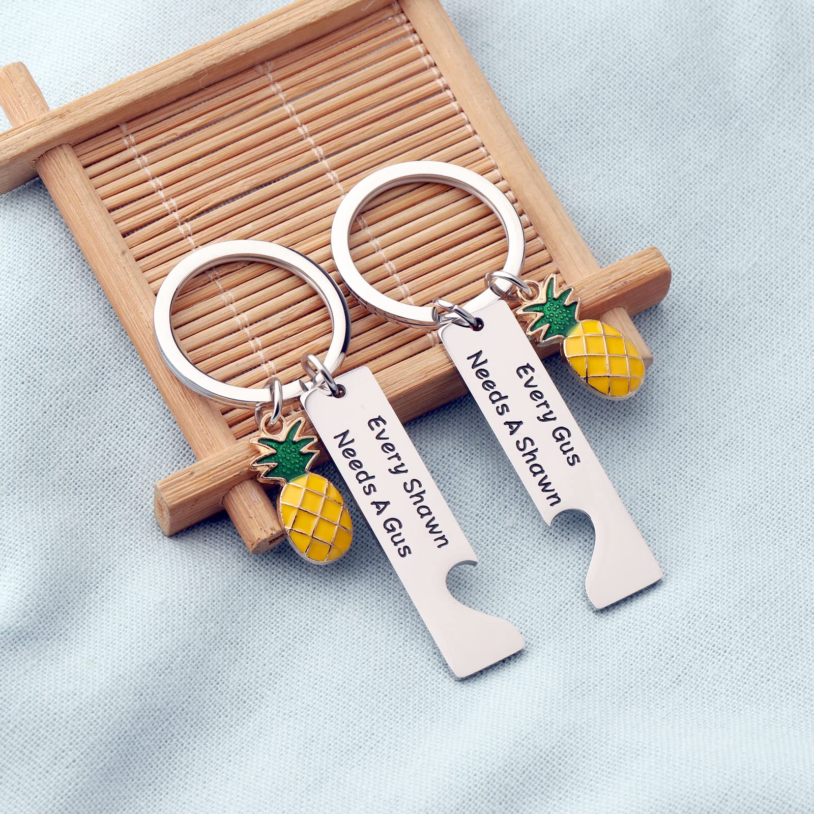 BEKECH Gus And Shawn Gift Every Gus Needs A Shawn Pineapple Charm Keychain Set for TV Serious Lover Psych Fan Best Friend Keychain (silver)