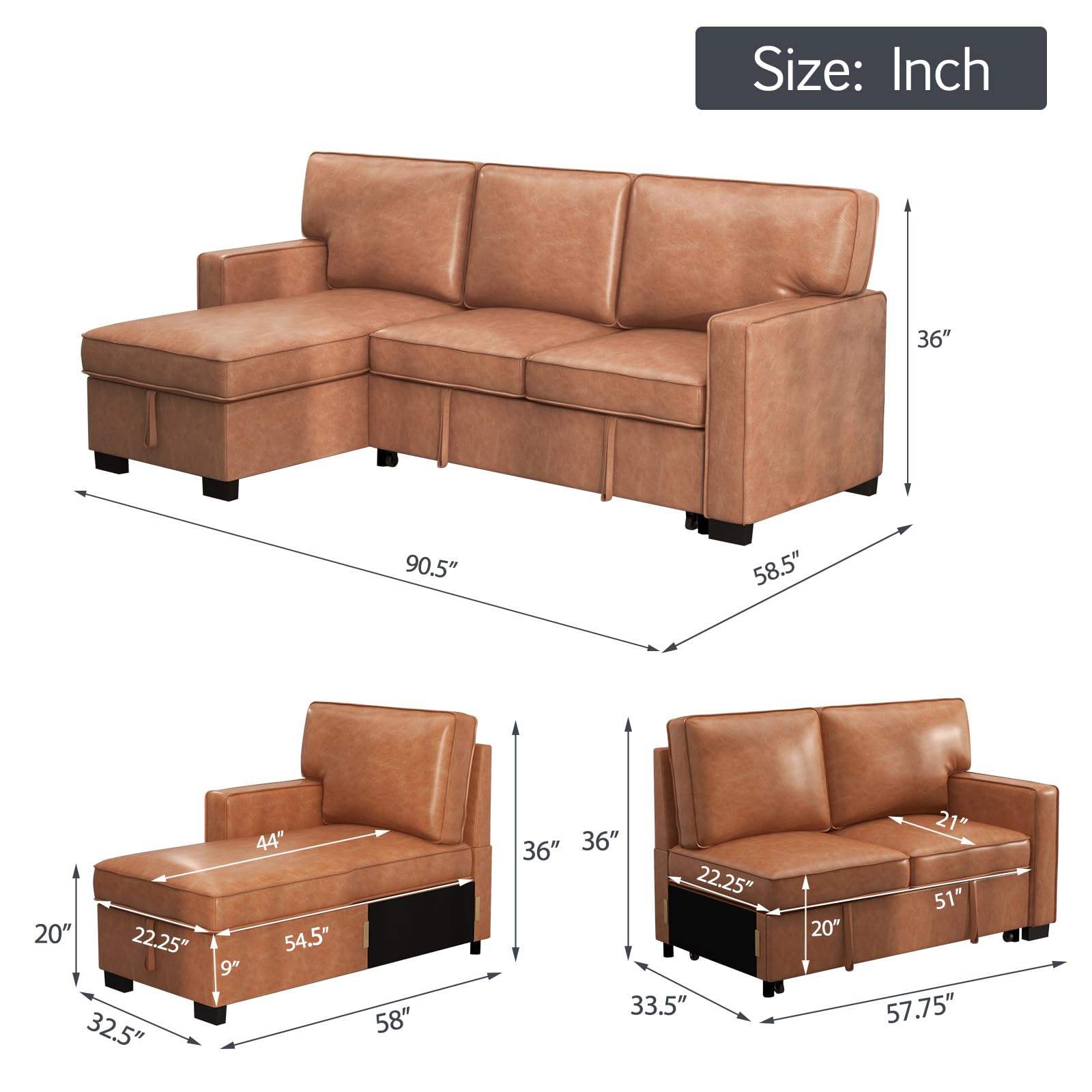 CANMOV Convertible Sleeper Sofa 3 in 1, Faux Leather Chaise Convertible Sofa Bed with Reversible Chaise L Shaped Sleeper Sofa with Storage, Couch Bed Sofa Pull Out Sofa Beds, Brown