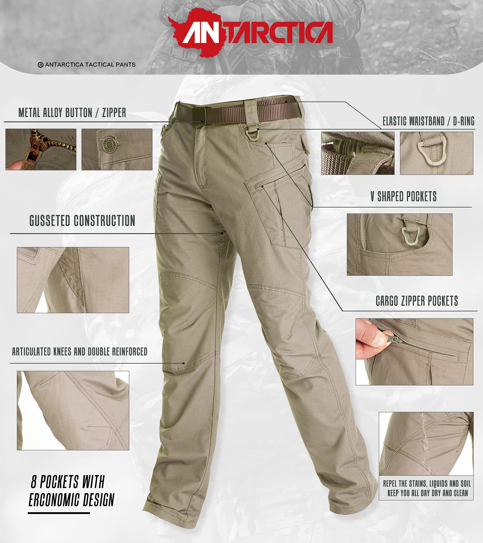ANTARCTICA Mens Hiking Tactical Pants Lightweight Waterproof Military Army Jogger Casual Cargo Jogger Casual Trousers