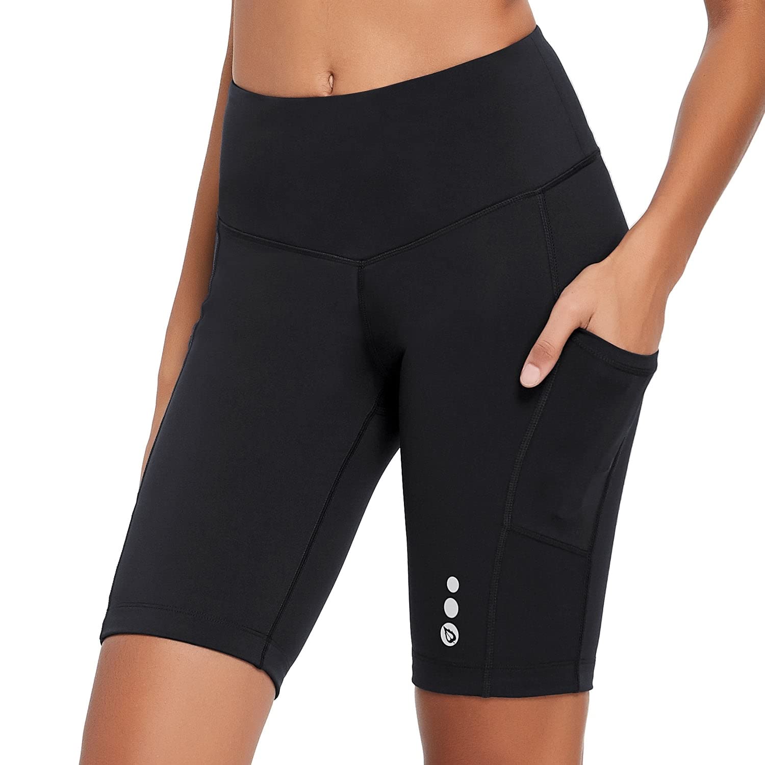 BALEAF Women's 9" Biker Shorts High Waisted Long Compression Running Workout Shorts Side Pockets UPF50+ Black L
