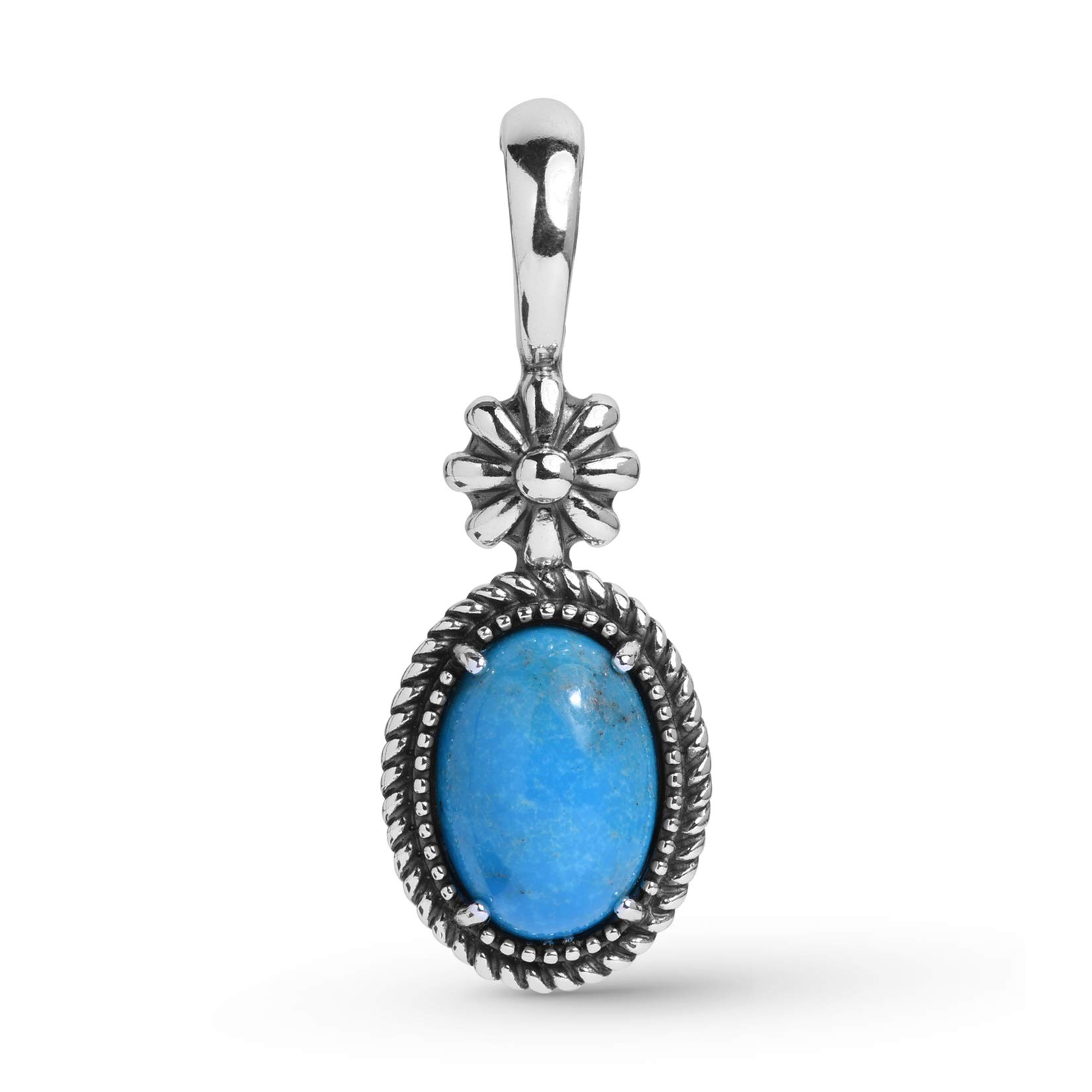 American West Sterling Silver Women’s Pendant Enhancer Oval-shaped Blue Turquoise Gemstone Native Desert Flower Design