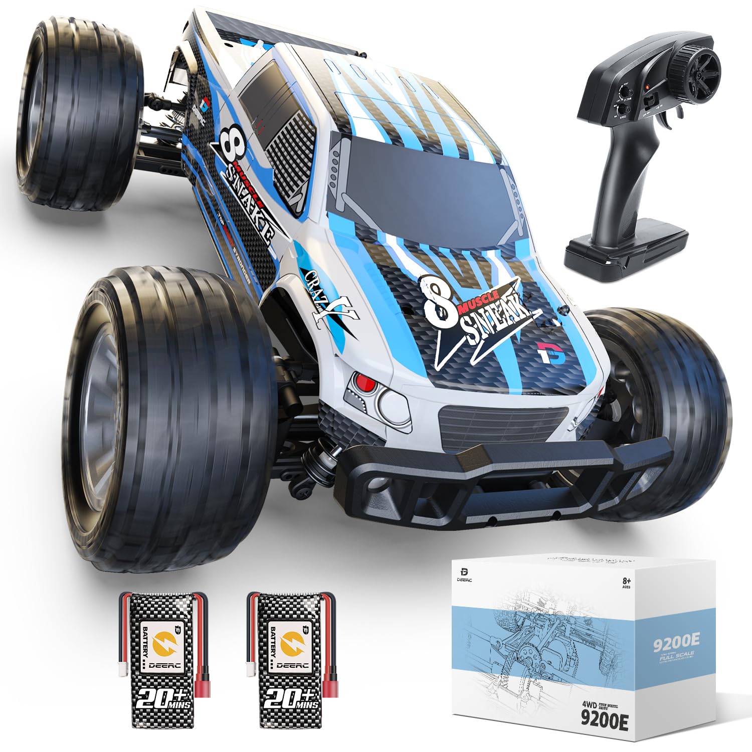 DEERC 9200E Large Hobby RC Cars, 48 KM/H 1:10 Scale Fast High Speed Remote Control Car for Adult Boy, 4WD 2.4GHz Off Road Monster RC Truck Toy All Terrain Racing,2 Batteries for 40 Min Play