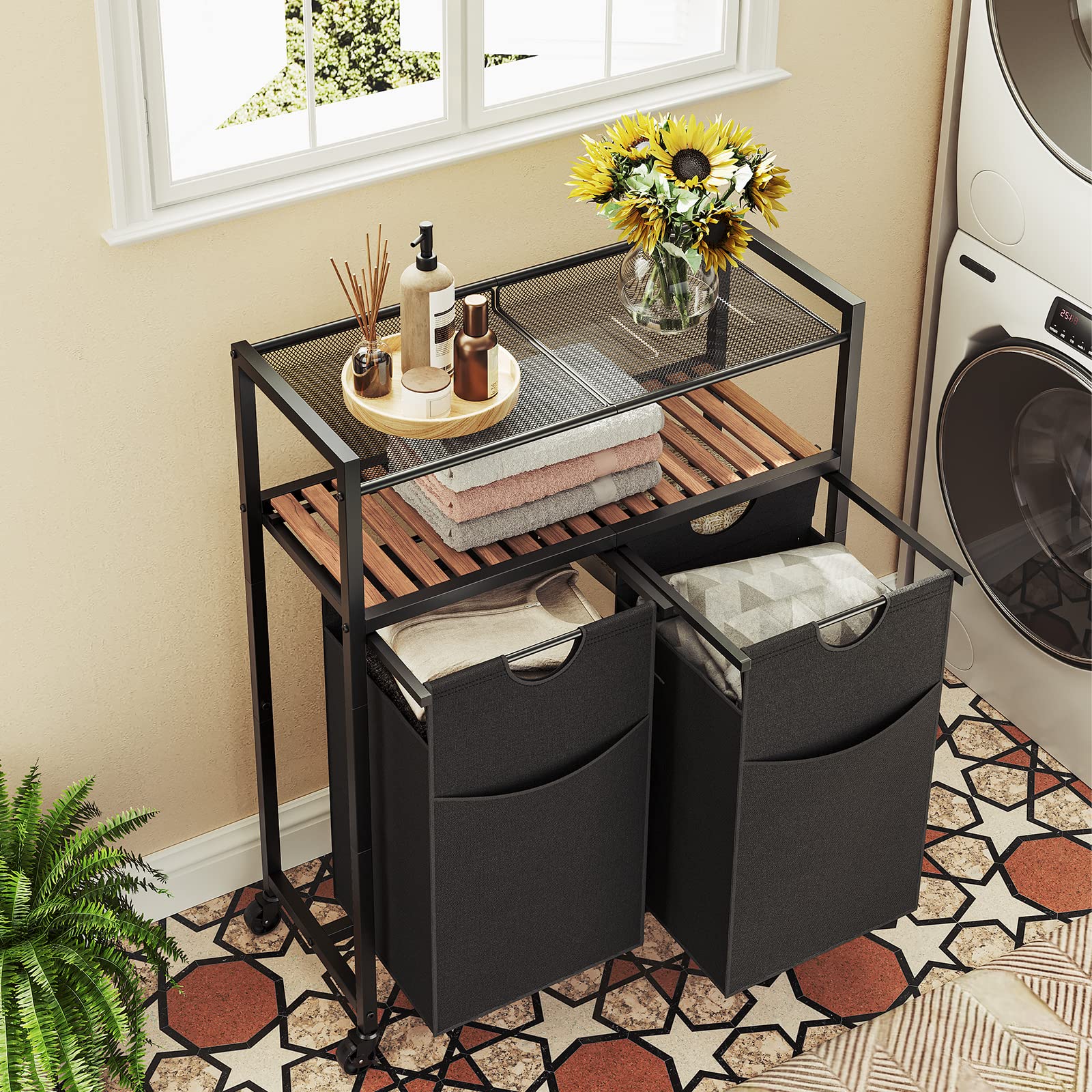 YATINEY Laundry Hamper with Wheels, Laundry Sorter 2 Section, Rolling Laundry Basket, 2 Pull-Out and Removable Laundry Bags, for Laundry Room, Badroom, Rustic Brown LS22BR