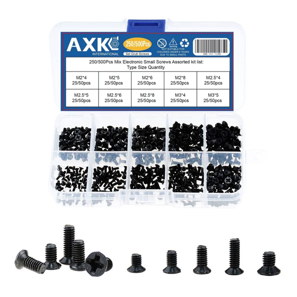 AXK GB819 M2 M2.5 M3 KM Screw Flat Head Phillips Screws Laptop Notebook Screws Set Kit for Computer Small Screw 250Pcs/500Pcs (250)