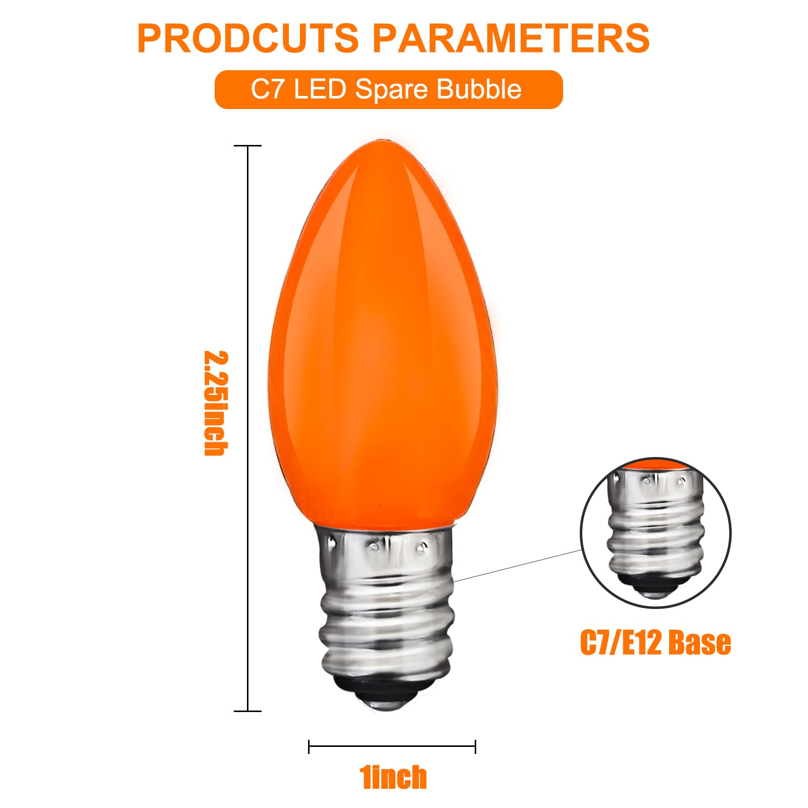 C7 LED Night Light Bulbs, Halloween LED Orange Replacement Bulbs for Outdoor String Lights & Window Candles Chandeliers, E12 Candelabra Base, 0.6 Watt Equivalent to 7 Watt Incandescent Bulb, 25 Pack