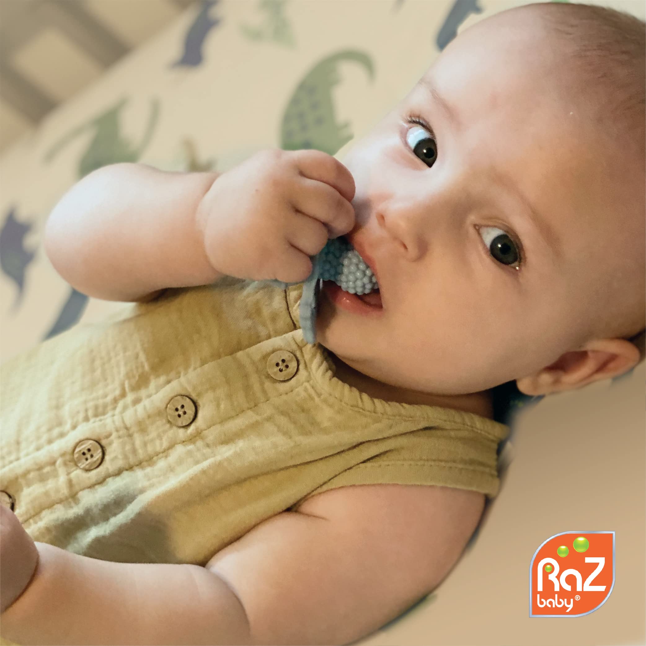 RaZbaby Soft Silicone Infant & Baby 3M+ Teether Toy Berrybumps Textured Teething Relief Pacifier - Soothes Sore Gums - Hands-Free & Easy-to-Hold Fruit-Shaped RaZberry Design, BPA Free – Blue
