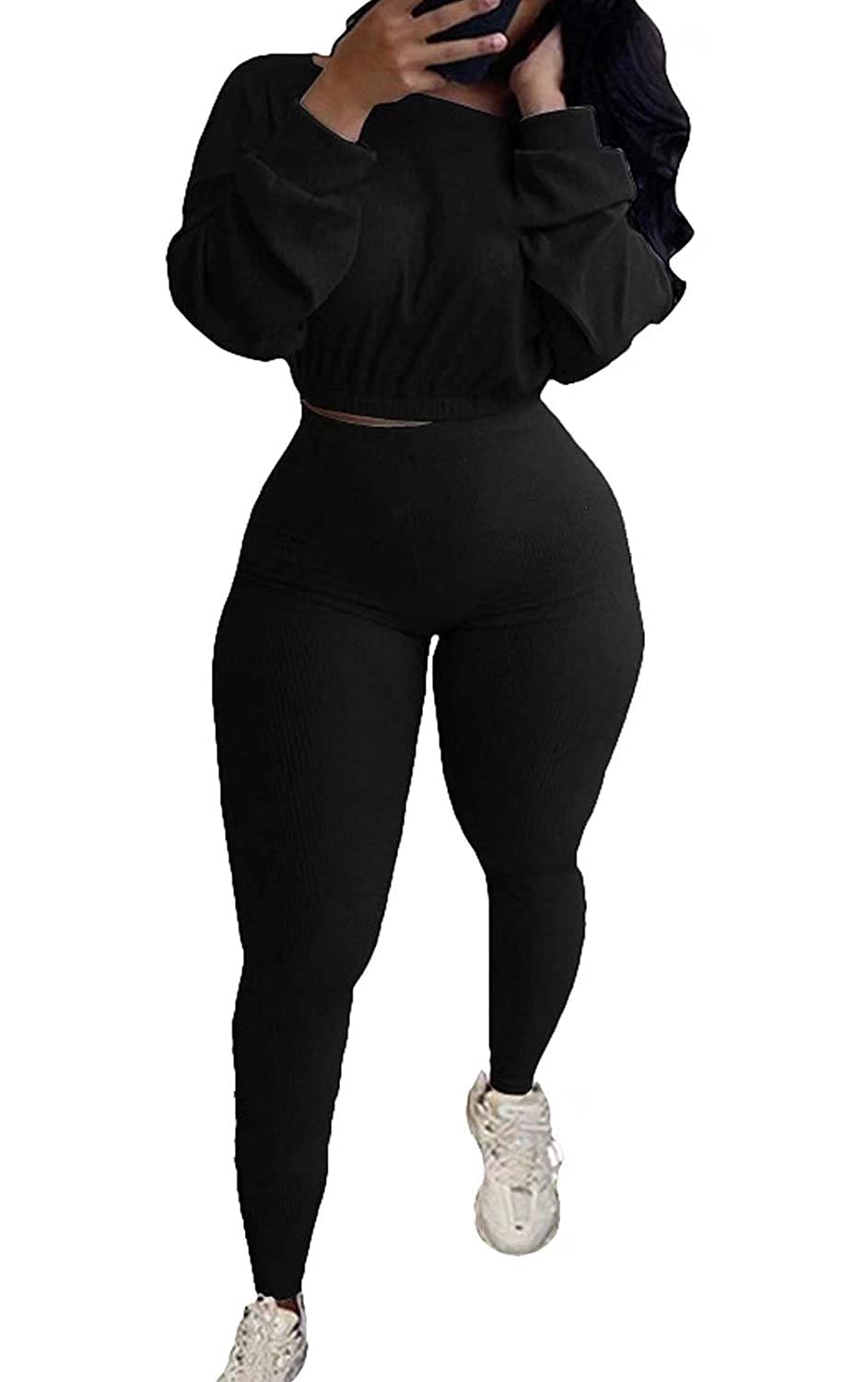 Annystore Women Sexy Fall Rib Knit Pullover Crop Tops Bodycon Long Jogger Pants Set 2 Piece Outfits Sweatsuits Tracksuit Black S