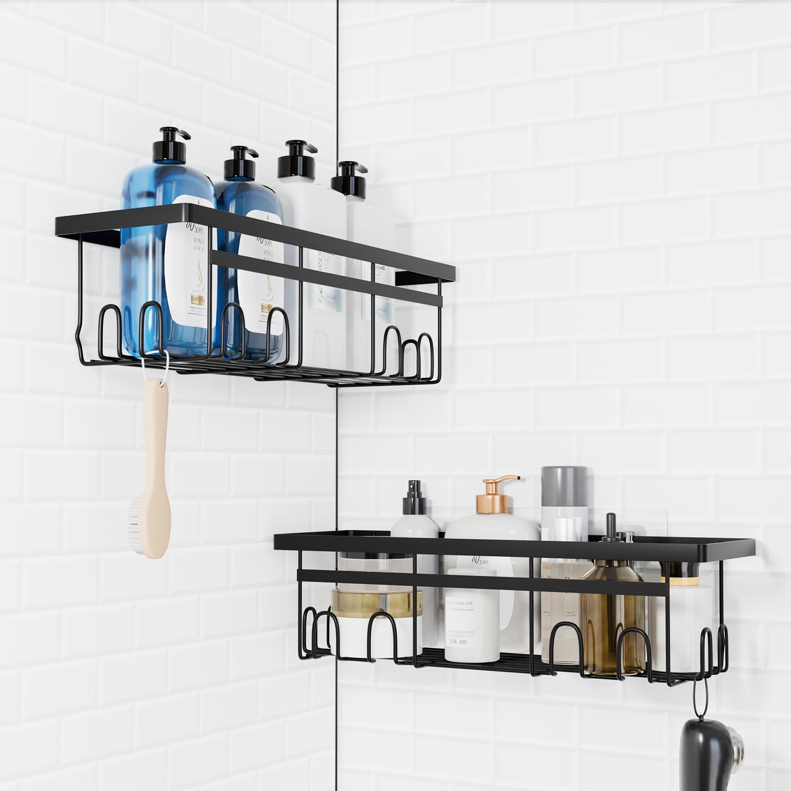 MayDiary Shower Caddy, 2-Pack Adhesive Shower Organizer for Bathroom Storage,Stainless Steel Bathroom Shower Shelves,Bathroom Organizers (Black2-two)