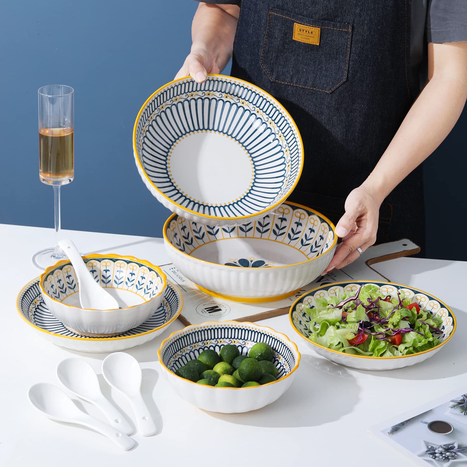 Binvertaocier Ceramic 10-Piece 56 Oz Large Soup Bowls and Spoons Set, 9 Inch Large Serving for Kitchen Pasta, Ramen, Pho Bowls and Soup Spoons Set,Dishwasher & Microwave Safe