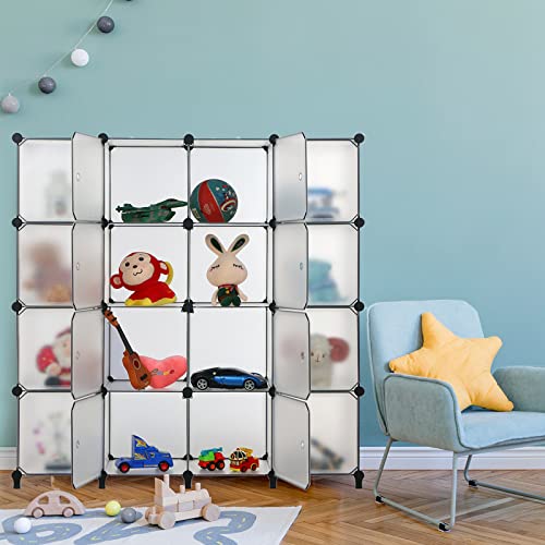 ANWBROAD Cube Storage Organizer, 16-Cube Modular DIY Book Shelf with Doors, Closet Clothes Organizer, Plastic Storage Cubbies Cabinet for Living Room Bedroom Office White ULCS16TM
