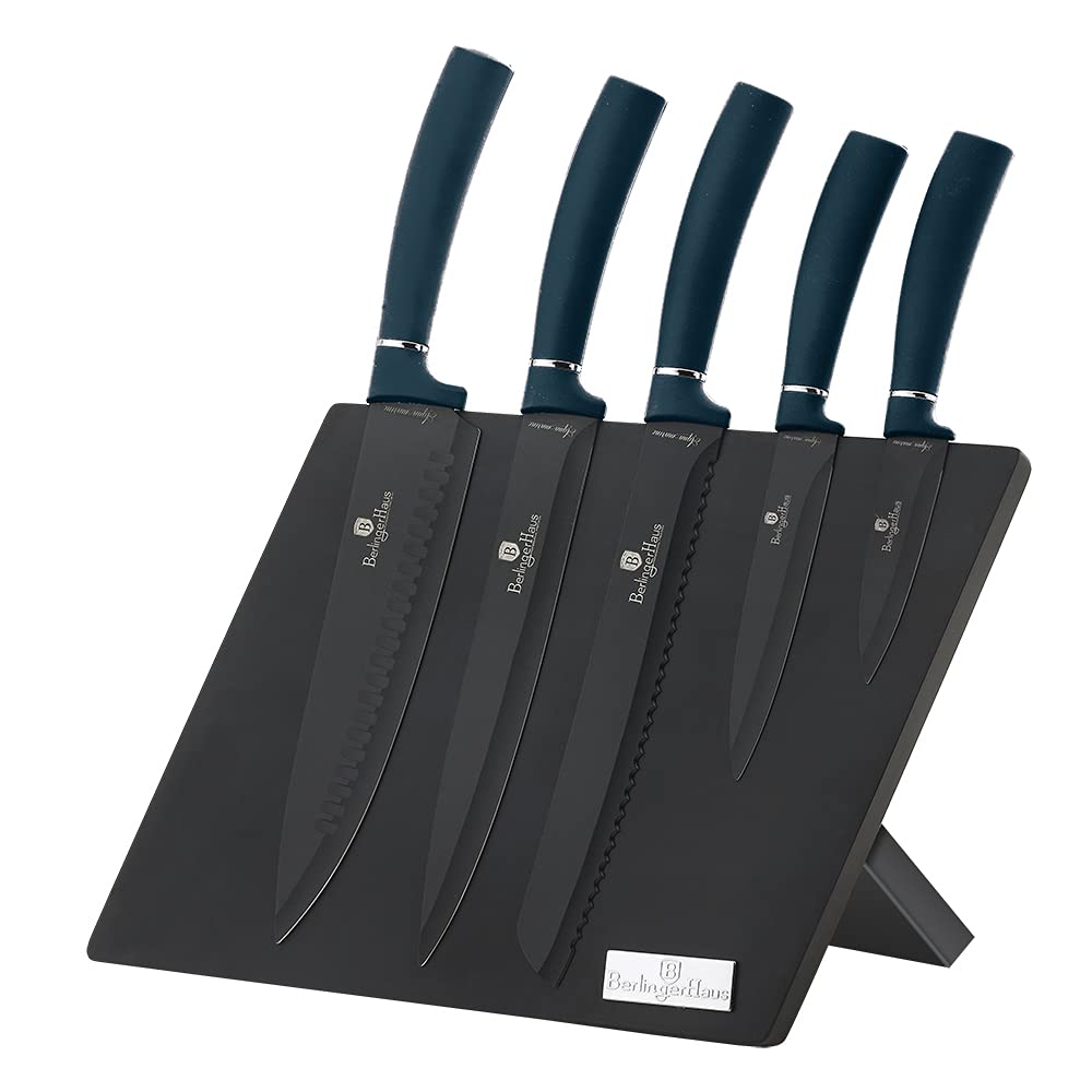 Berlinger Haus Kitchen Knife Set with Magnetic Knife Holder, 6 Pieces Knives Set for Kitchen with Block, Stainless Steel Sharp Cutting Chef Knife Set, Cooking Knives Set with Ergonomic Handle, Blue