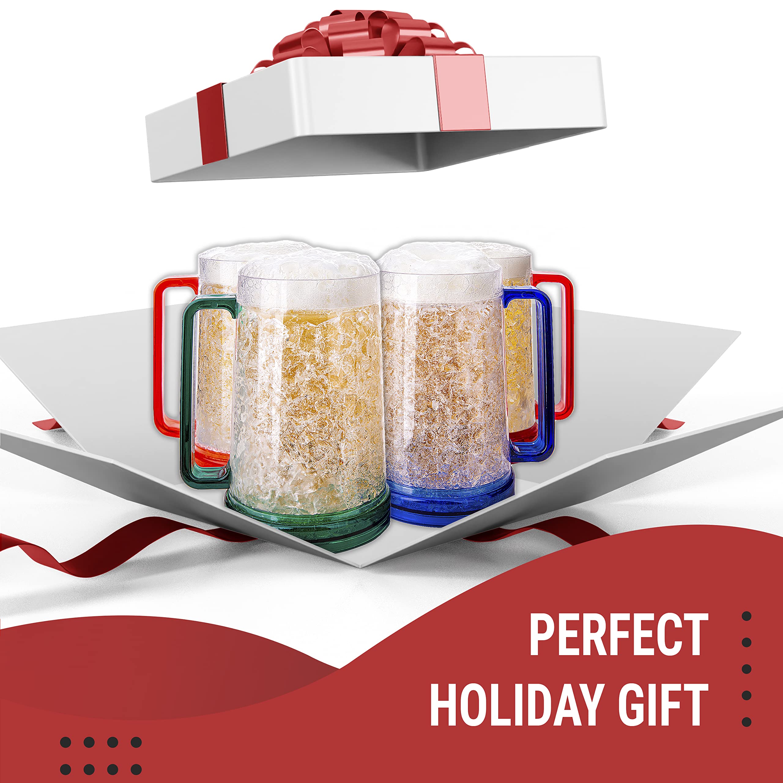 Beer Mugs with Gel Freezer 16 oz, Double Walled Beer Mugs with Handles, Color Handles Set Of 4