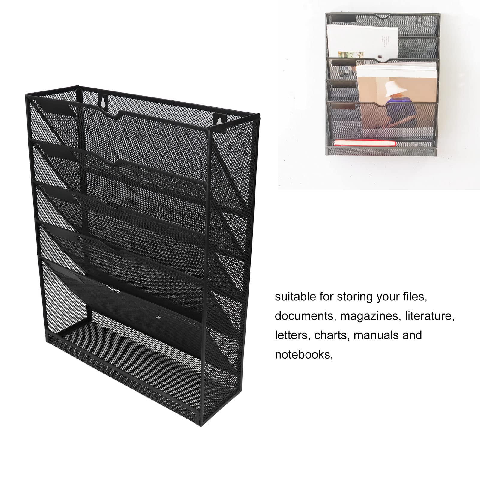 Asixxsix Hanging Wall File Organizer, 5 Pockets Metal Mesh Wall Mounted Paper Magazine Rack with Bottom Flat Tray Heavy Duty File Document Organizer for Home Office Classroom Wall File Holder