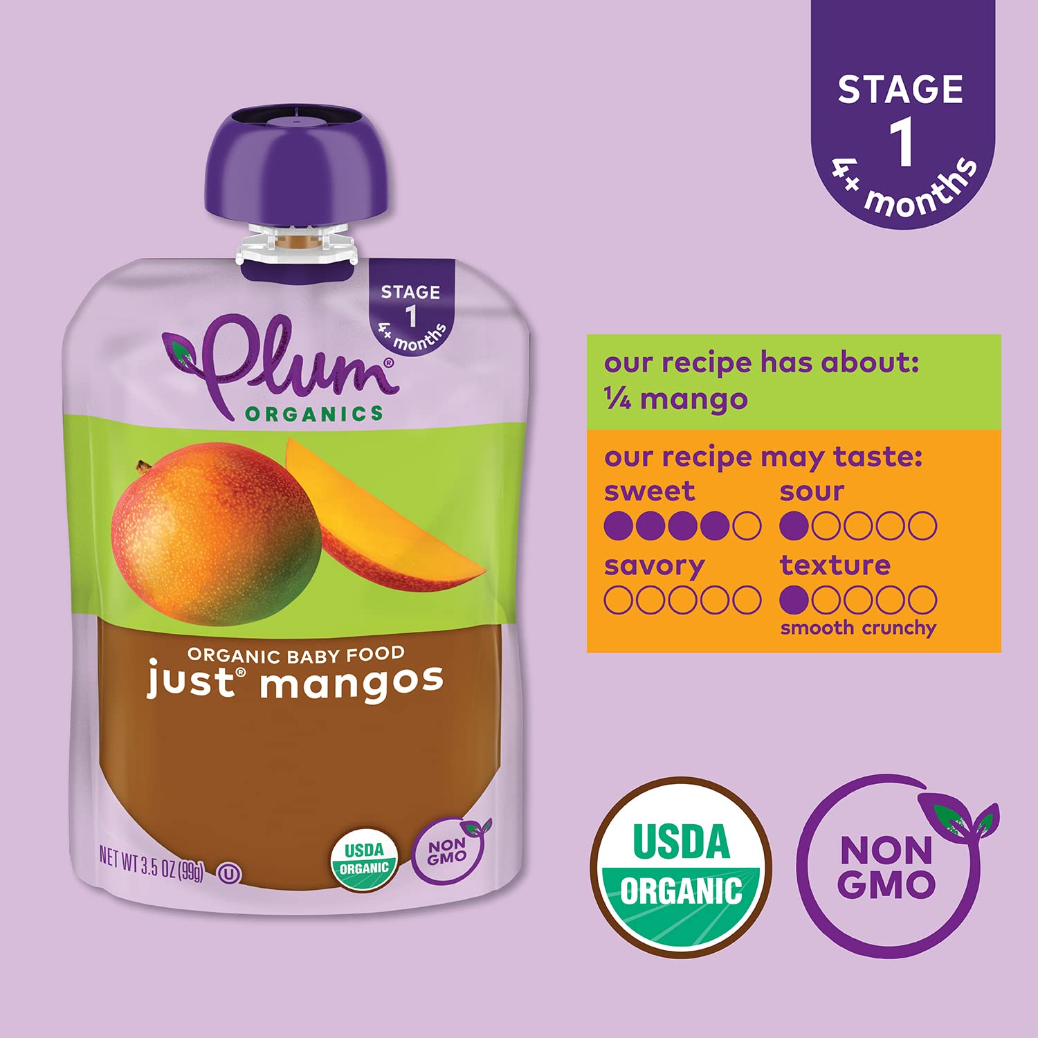 Plum Organics Stage 1 Organic Baby Food - Just Mangos, Just Prunes, and Just Peaches Variety Pack - 3.5 oz Pouch (Pack of 18)